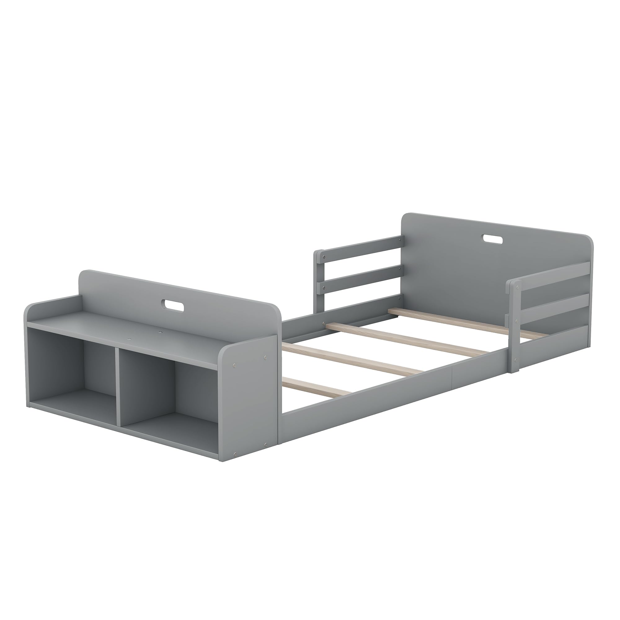 Harper & Bright Designs Twin Size Floor Bed with Storage Footboard and Guardrail, Wood Floor Bed Frame with Solid Wood Slats,Twin Bed Frame for Kids Girls Boys,Gray