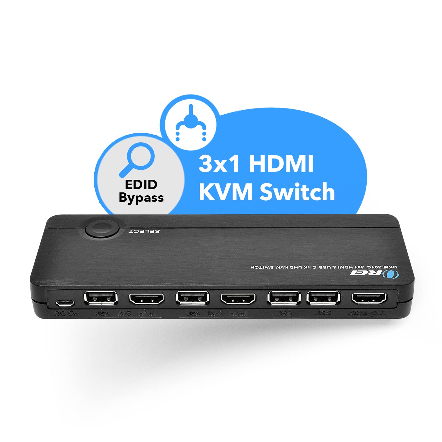 OREI 3 Port KVM Switch 4K@60Hz, 1 USB-C DP Input, 2 HDMI Inputs & 4 USB 2.0 Ports to Connect Flash Drives, Printers and Keyboard-Mouse (UKM-301C)