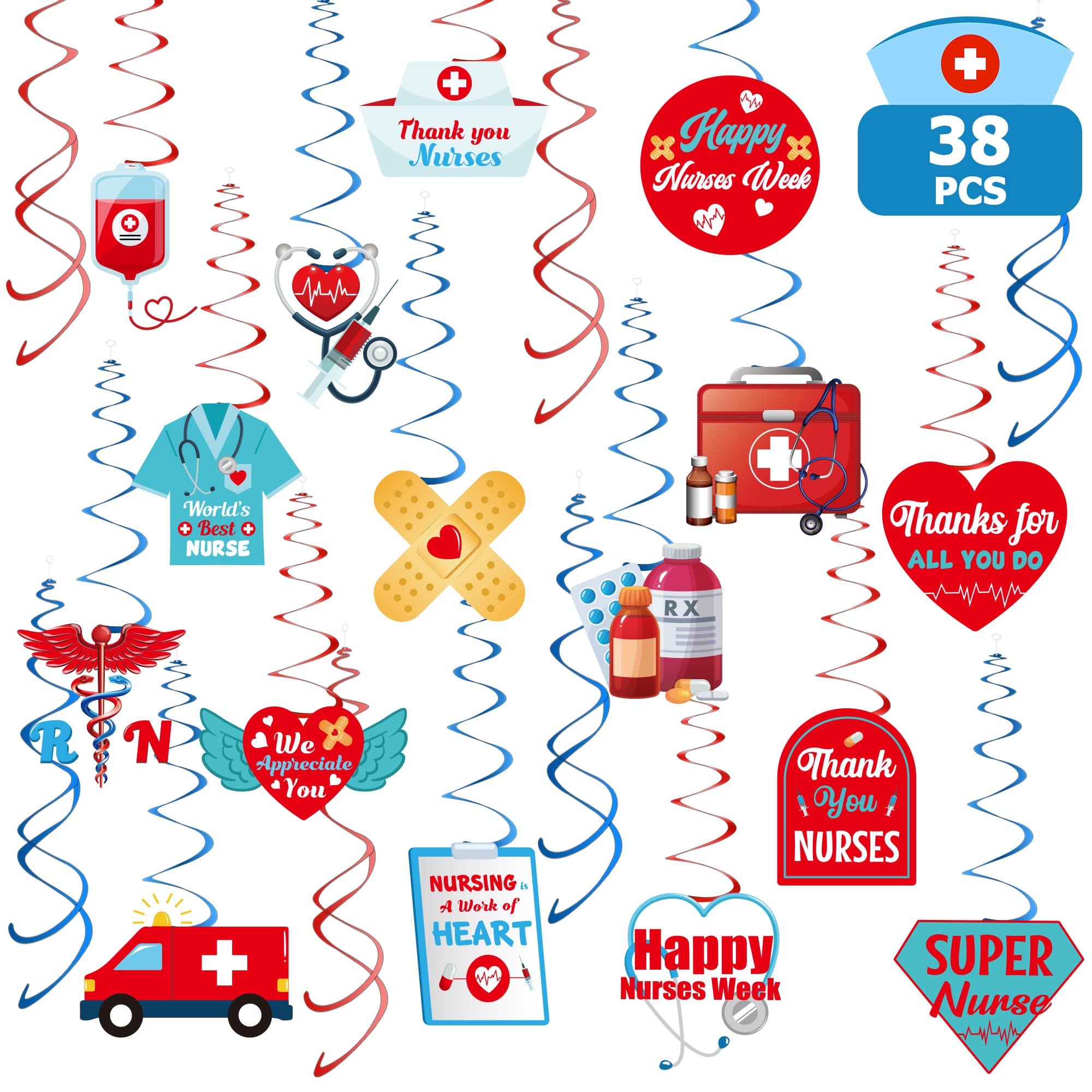 Nurses Week Decorations, 38PCS Nurses Hanging Swirls Decorations 2024, Blue Red Swirls School RN Nurse Graduation Decor, Happy Nurses Week Appreciation Swirls for Nursing Graduation Party Supplies