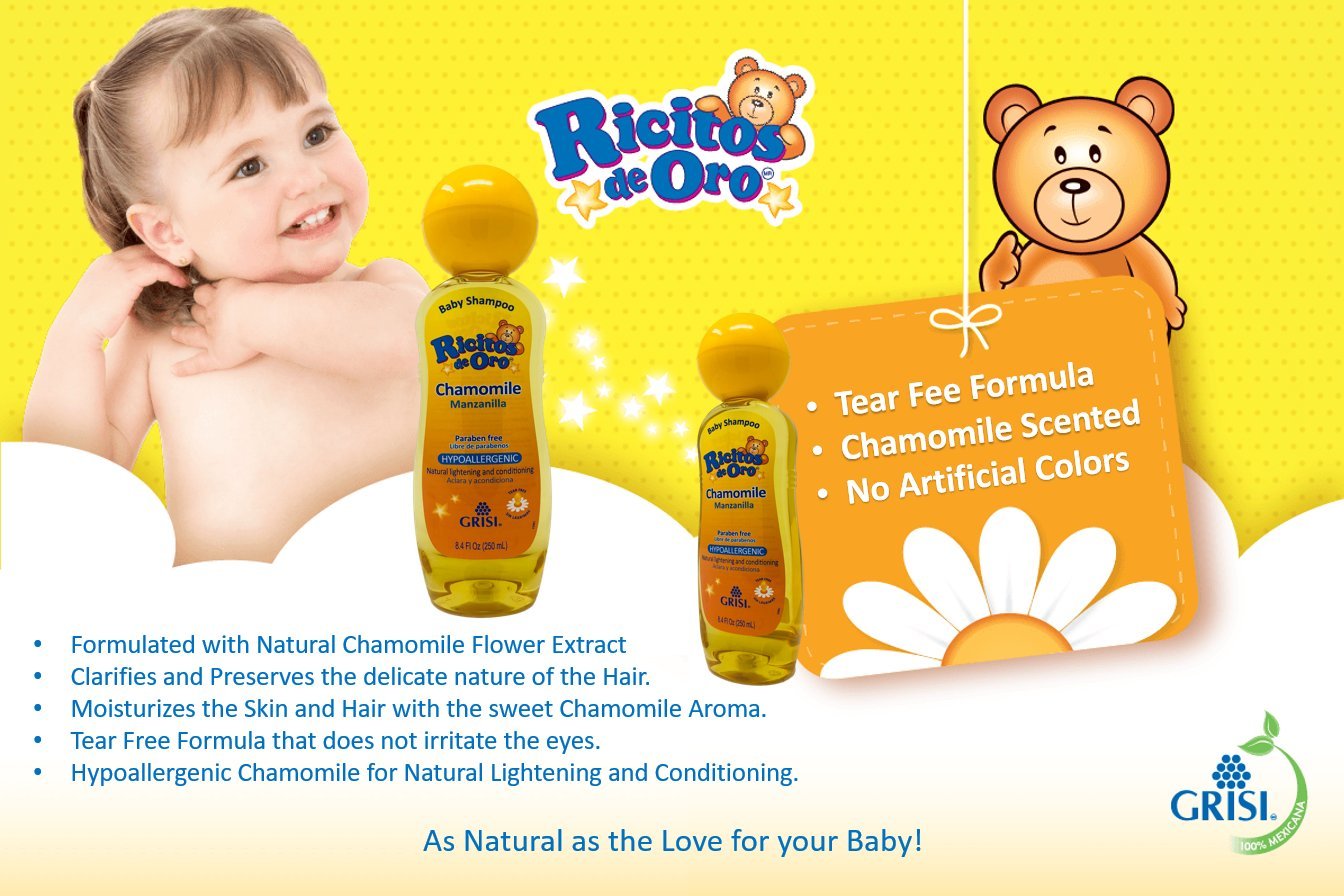 Chamomile Ricitos de Oro Shampoo| Baby Shampoo with Pop-Up Rattle Cap, Paraben Free Product for Baby’s Delicate Hair; 13.5 Fl Ounces