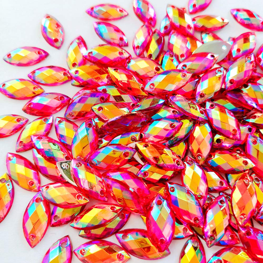 300pcs AB Horse Eye Shape Crystal Clear Sew On Acrylic Rhinestones Flatback Fancy Stones Sewing for Clothing Dress Decorations 7X15MM (Red)