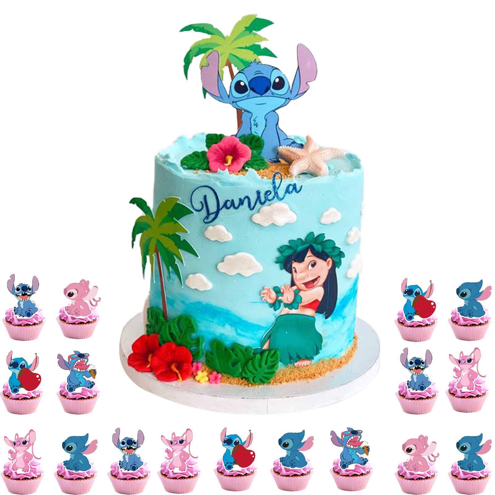 48 Pcs Pink Stitch Party Cupcake Toppers, Pink Girl Stitch Birthday Party Decorations