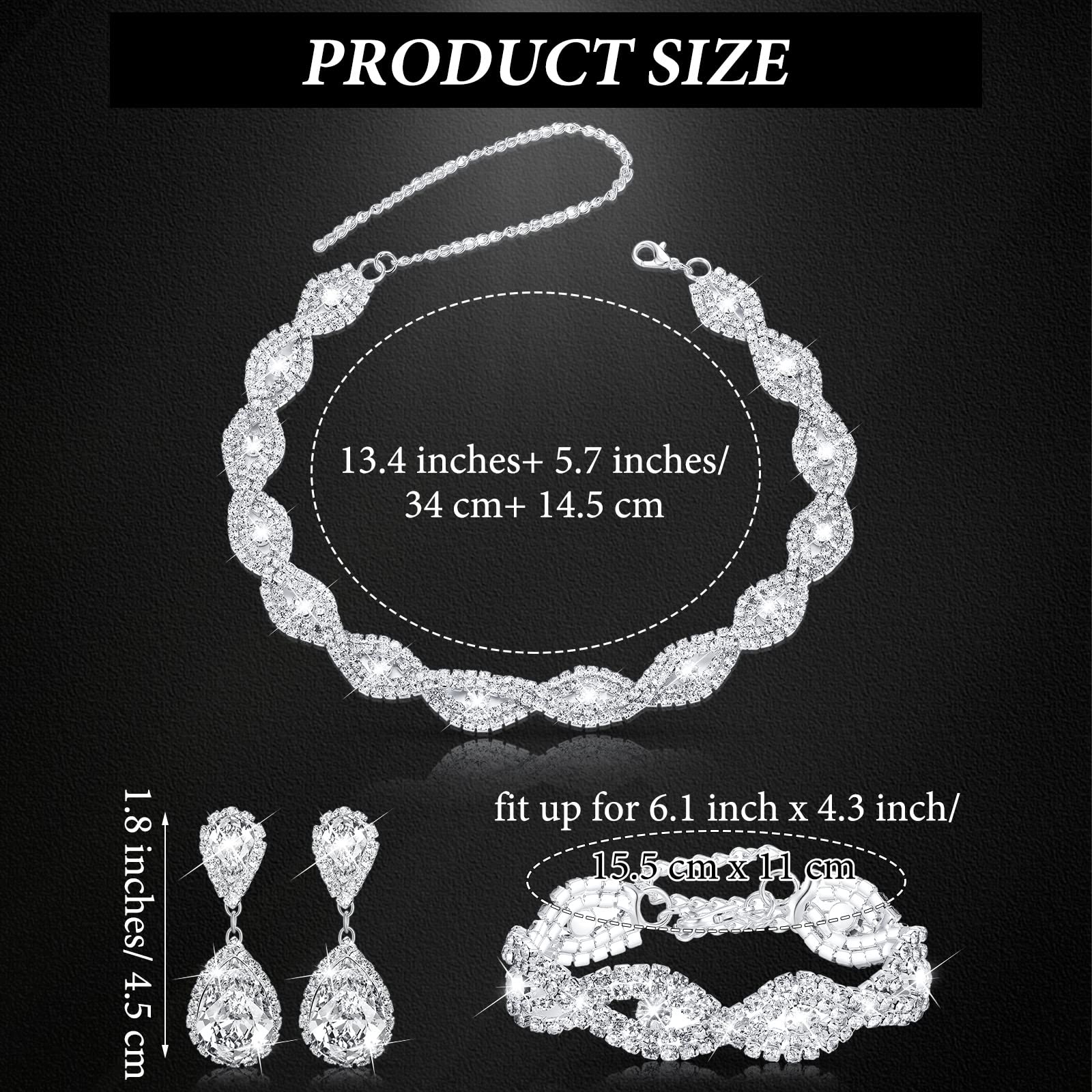 3 Pcs Women Crystal Jewelry Set Includes Bridal Wedding Rhinestone Choker Necklace Crystal Bracelets and Dangle Earrings (Modern Style)