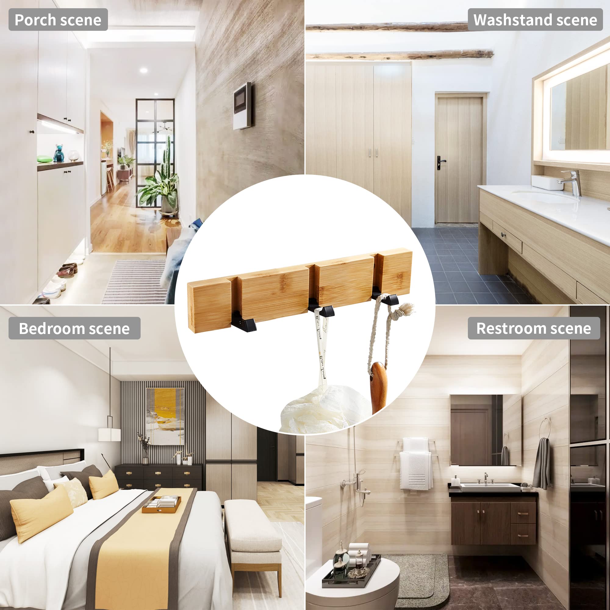 Wooden Coat Hooks, Coat Rack Wall Mounted with 3 Folding Hooks Hat Rack Modern Wall Floating Coat Hook Rack Adhesive & Wall Mounted, Coat Hiden Hooks for Coats, Hats, Scarves, Key Rack Towel Rack