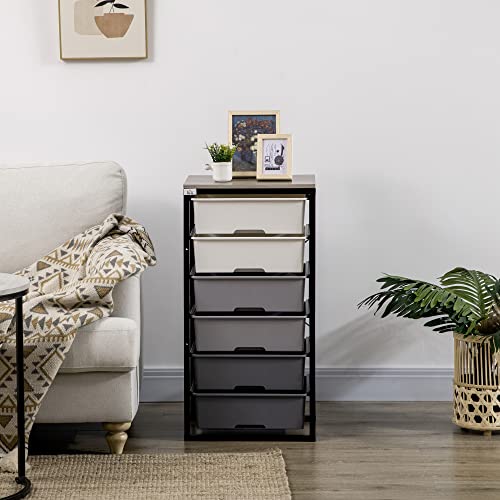HOMCOM Dresser Storage Drawers with 6 Plastic Bins and Steel Frame, Crafting Bins for Living Room, Bedroom, Grey