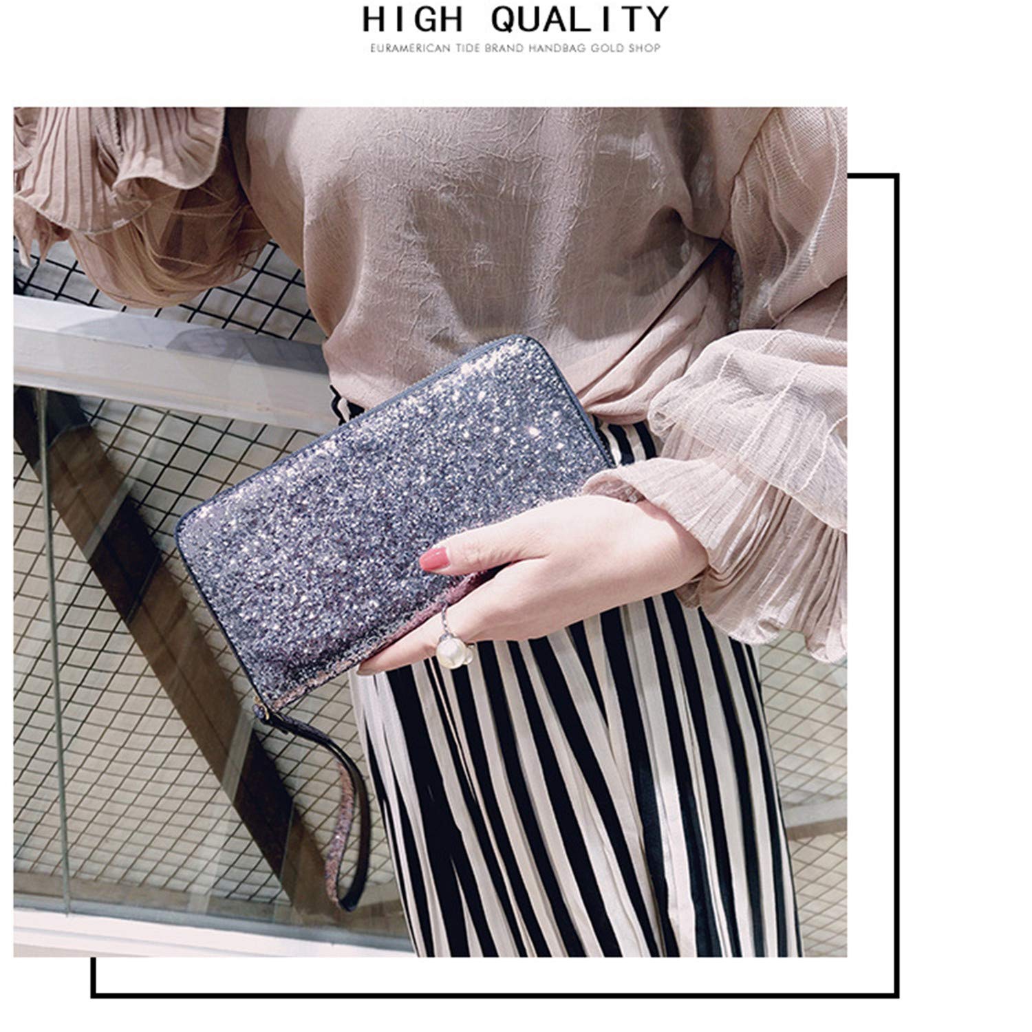 Andongnywell Glitter Wallet for Women Sparkly Zip Around Wallets Shiny Long Phone Clutch Purse with Card Slots (Silver)