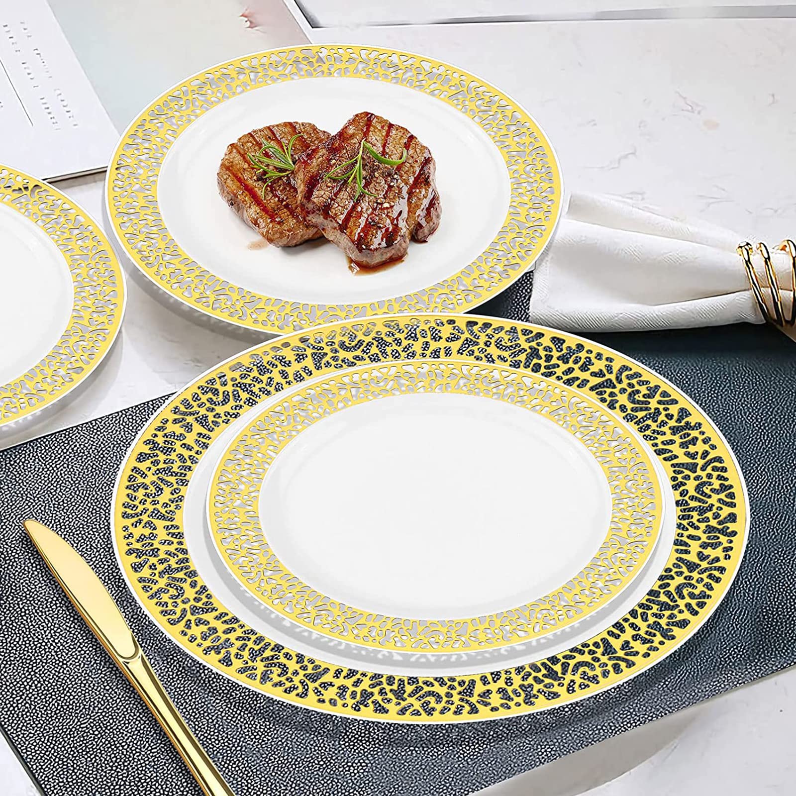 350 Piece Dinnerware Set for Wedding & Party,50 Guest Lace Design Plastic Plates,50 Plastic Silverware,50 Cups,50 Linen Like Napkins,50 Guest Disposable Dinnerware Set (Gold)