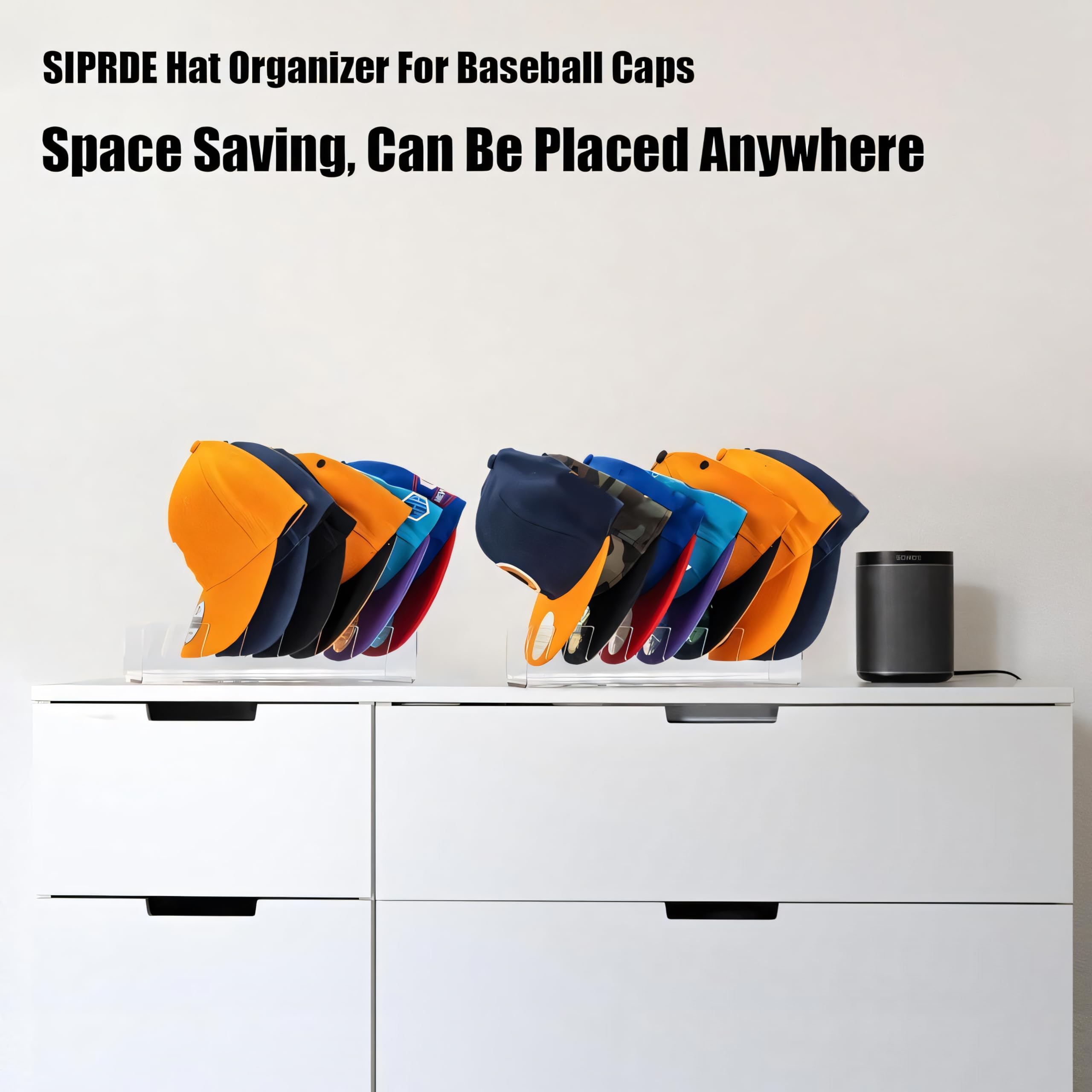 ABMISKAT 2 Pack Hat Organizer for Baseball Caps No Install - Acrylic Hat Holder Display and Organizer for 14 Baseball Caps for Bedroom, Closet, Dresser (Clear)