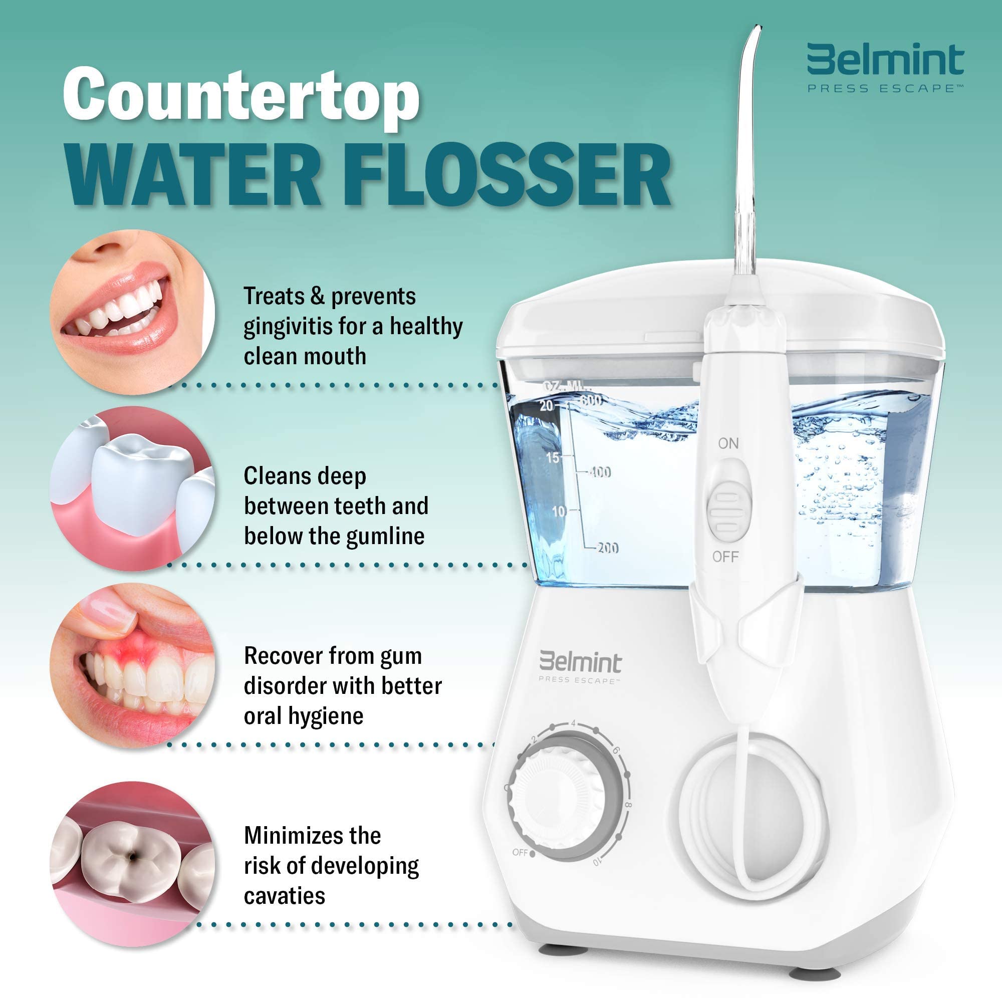 Water Flosser Teeth Cleaning - Countertop Oral Irrigator Teeth Cleaner for Braces & Bridges with 10 Adjustable Water Jet Pressures - 8 Multifunctional Tips, 600ml Capacity