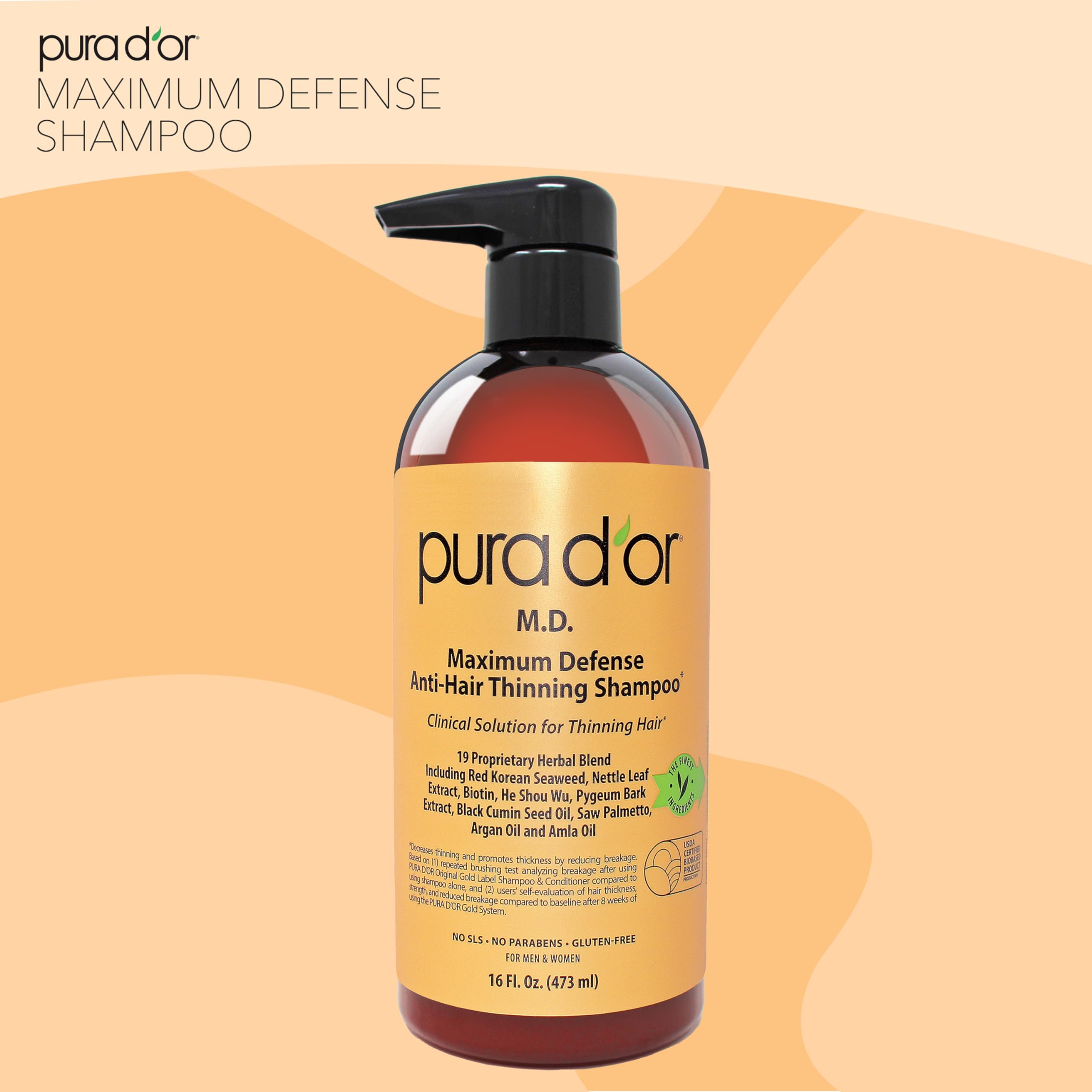 PURA D'OR 16 Oz MD Anti-Hair Thinning Maximum Defense Shampoo - 0.5% Coal Tar, Biotin, 19+ DHT Herbal Blend For Dry & Itchy Scalp, No Sulfates - For Men & Women