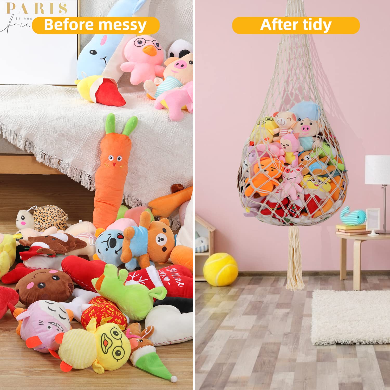 Extra Large Stuffed Animal Storage Net or Hammock, Single Hook Display Large Plush Toy! Ceiling Hanging Stuff Animal Hanger with Swag Hook, Corner Toy Storage Organizer for Kids Bedroom Playroom (Cream)