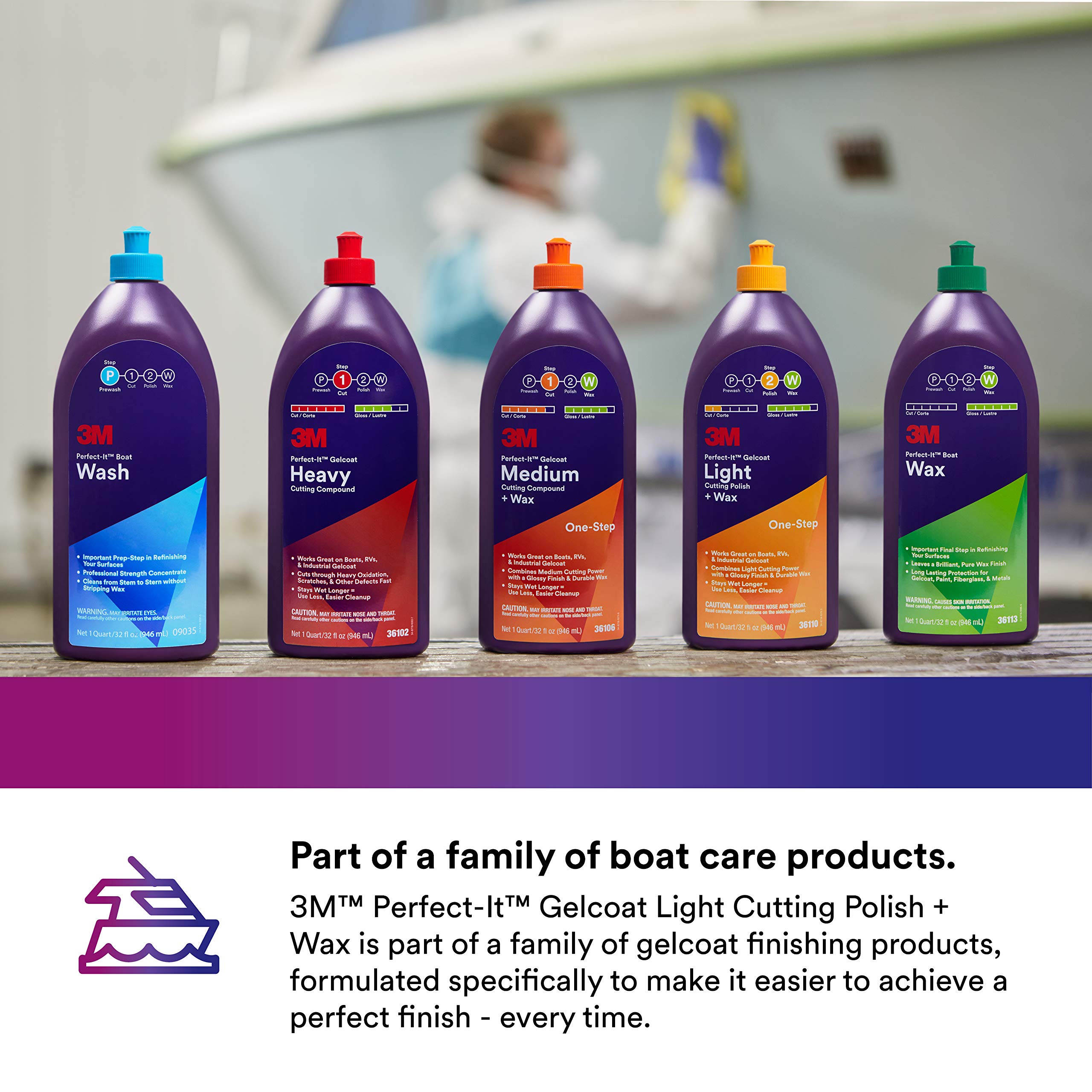 3M Perfect-It Gelcoat Light Cutting Polish + Wax, 36110, 1 Quart, One-Step Process, Removes Scratches and Swirls, Light Oxidation Remover for Boats and RVs