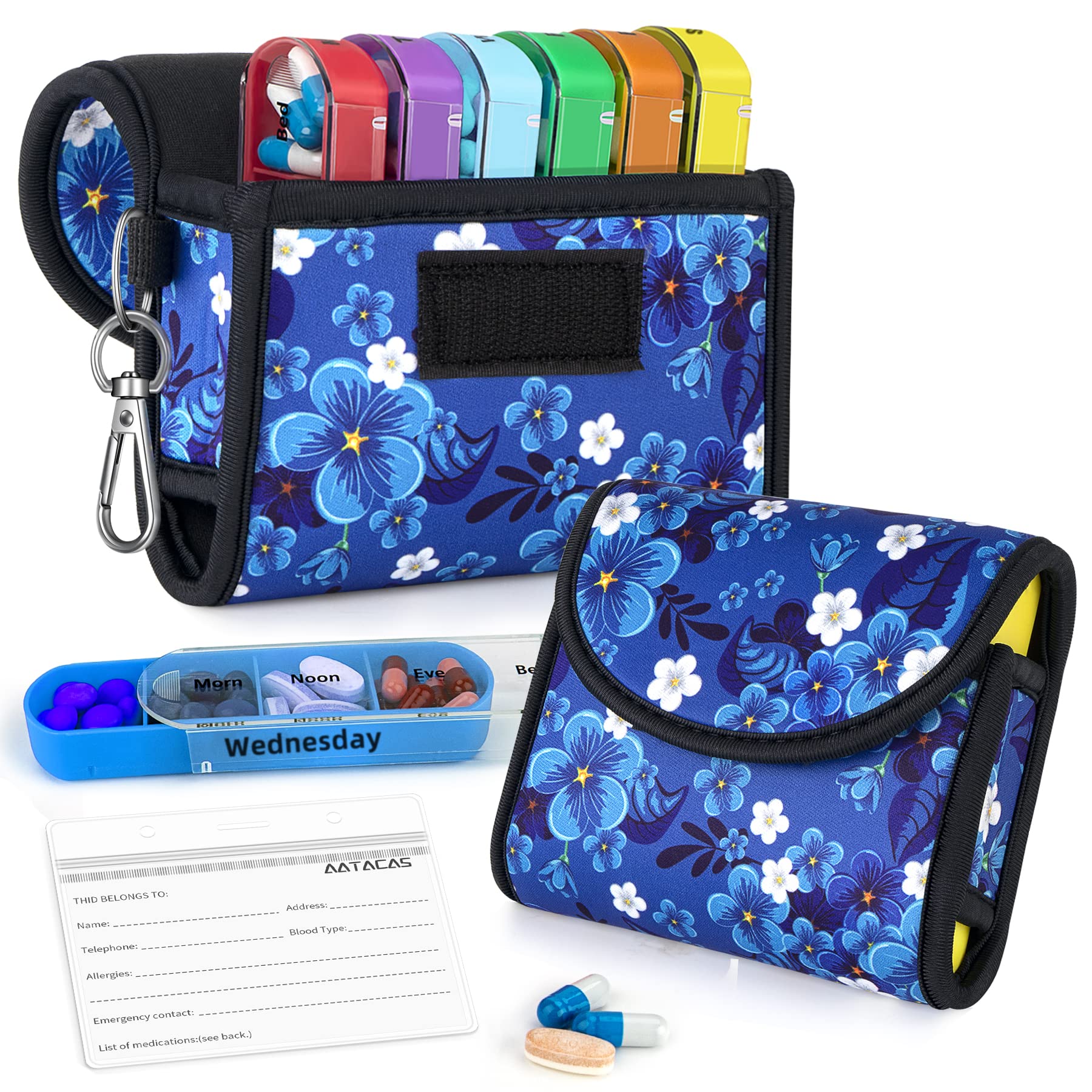 AATACAS Pill Organizer Case, Weekly Travel Pill Case Medication Reminder Daily AM PM, Day Night 7 Compartments, for 4 Times A Day, 7 Days a Week - Includes Neoprene Carrying Case