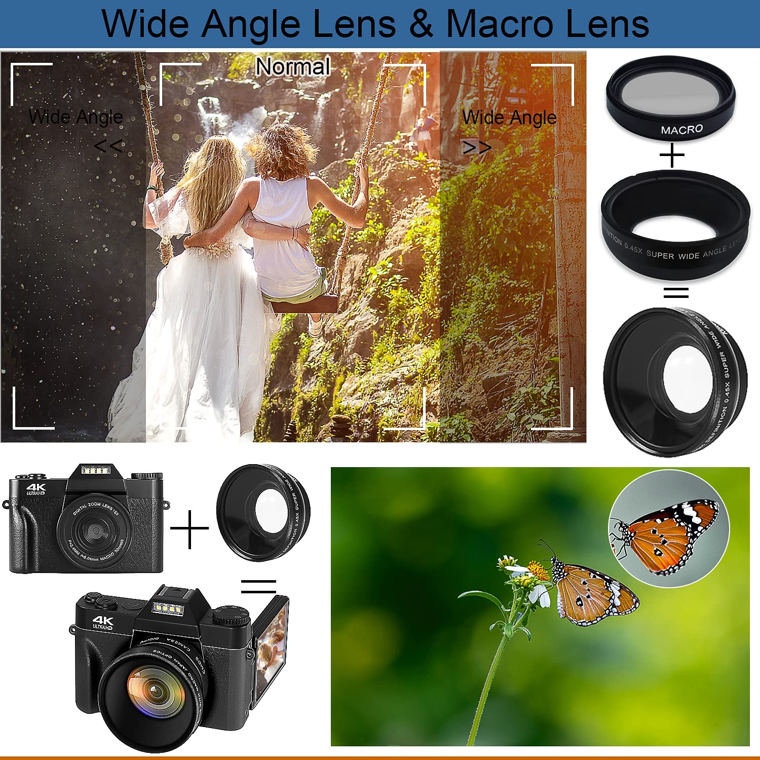 4K Digital Cameras for Photography 48MP Vlogging Camera 16X Digital Zoom Manual Focus Rechargeable Students Compact Camera with 52mm Wide-Angle & Macro Lens, 32G TF Card and 2 Batteries