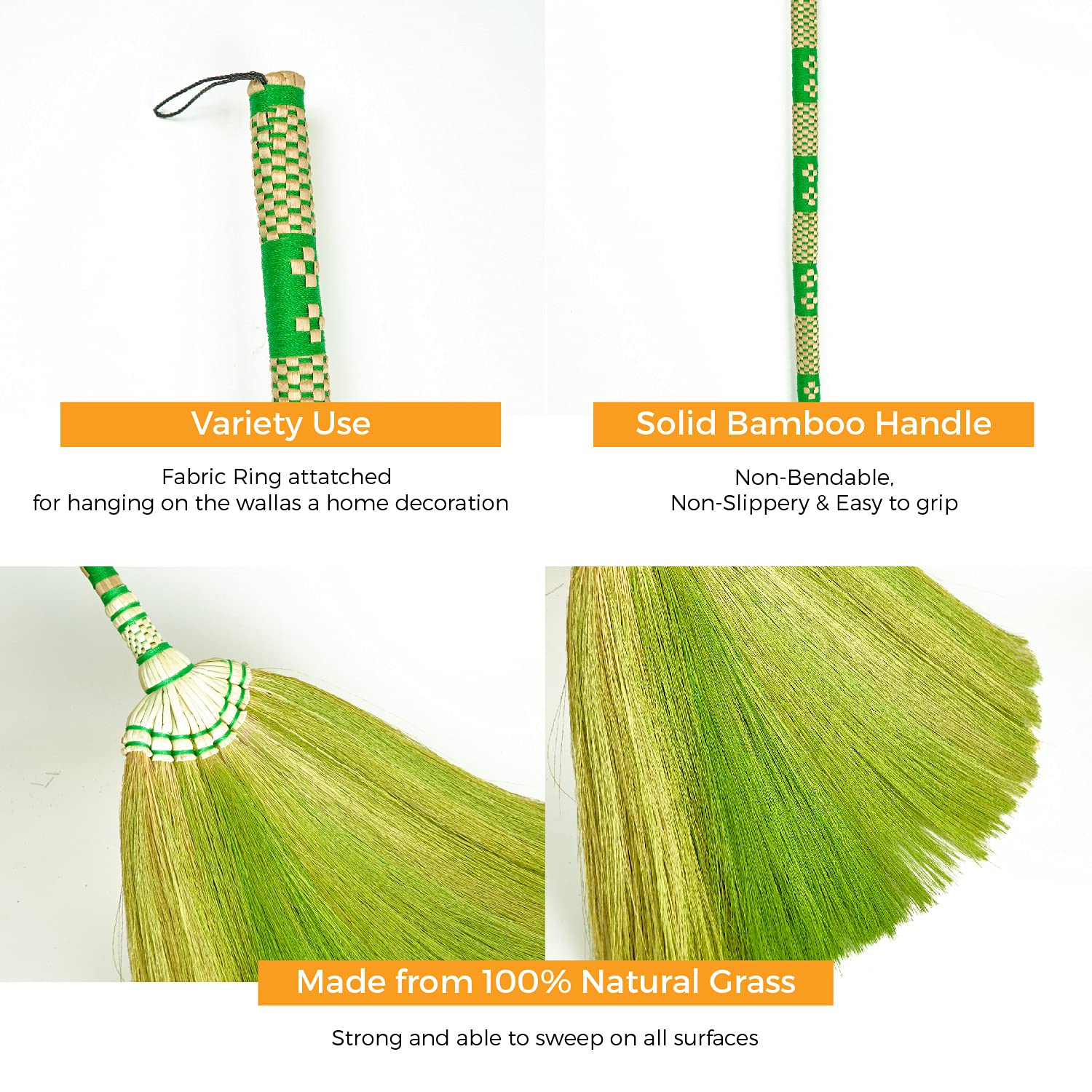 SN SKENNOVA Asian Broom -Beautiful Handmade Retro Grass Broom with Traditional Thai Embroidery On 24" Bamboo Handle, Thick & Sturdy for Unique Wall Decor & Cleaning.