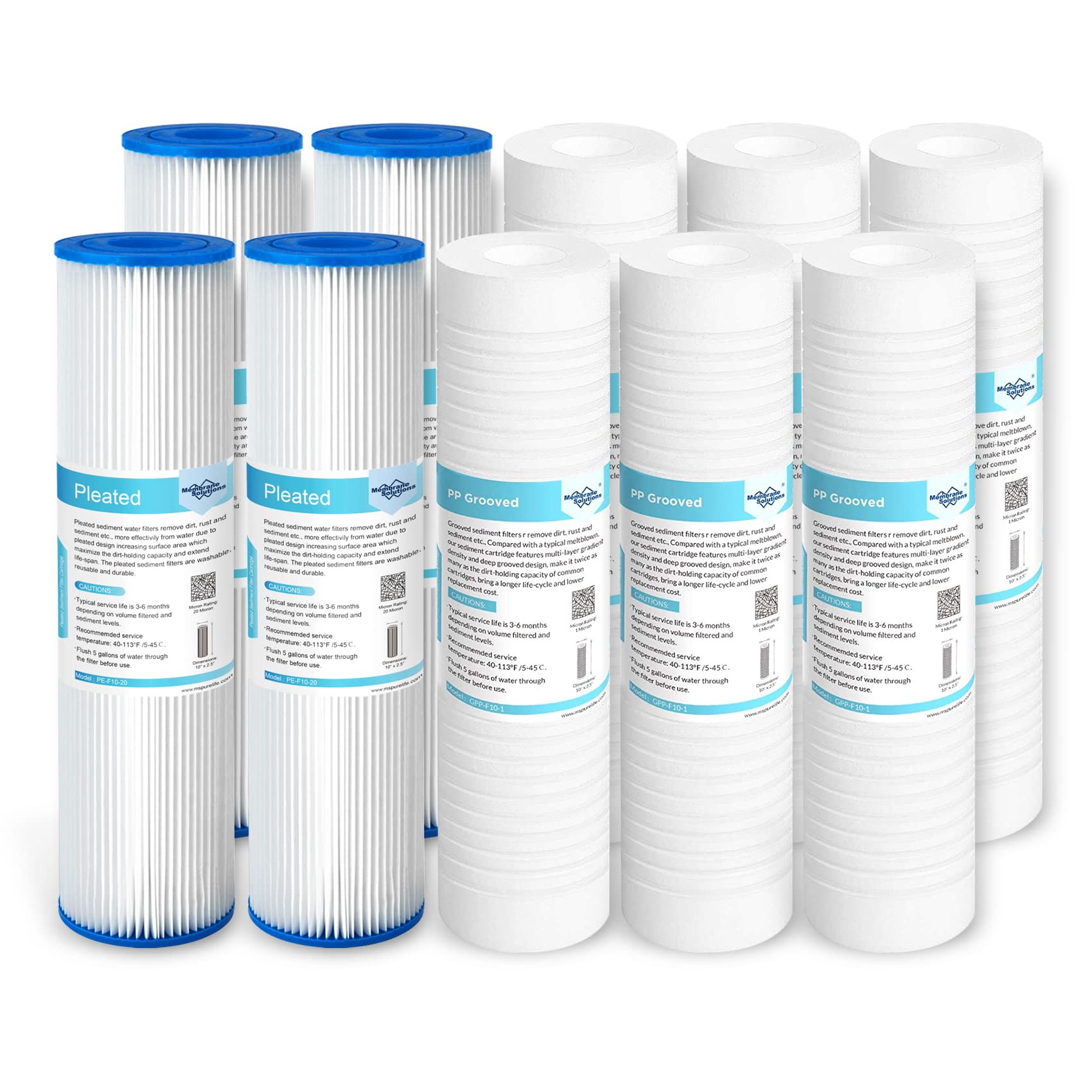 5 Micron Grooved & 20 Micron Pleated Sediment Water Filter Cartridge by Membrane Solutions, 10"x2.5", 10 Pack