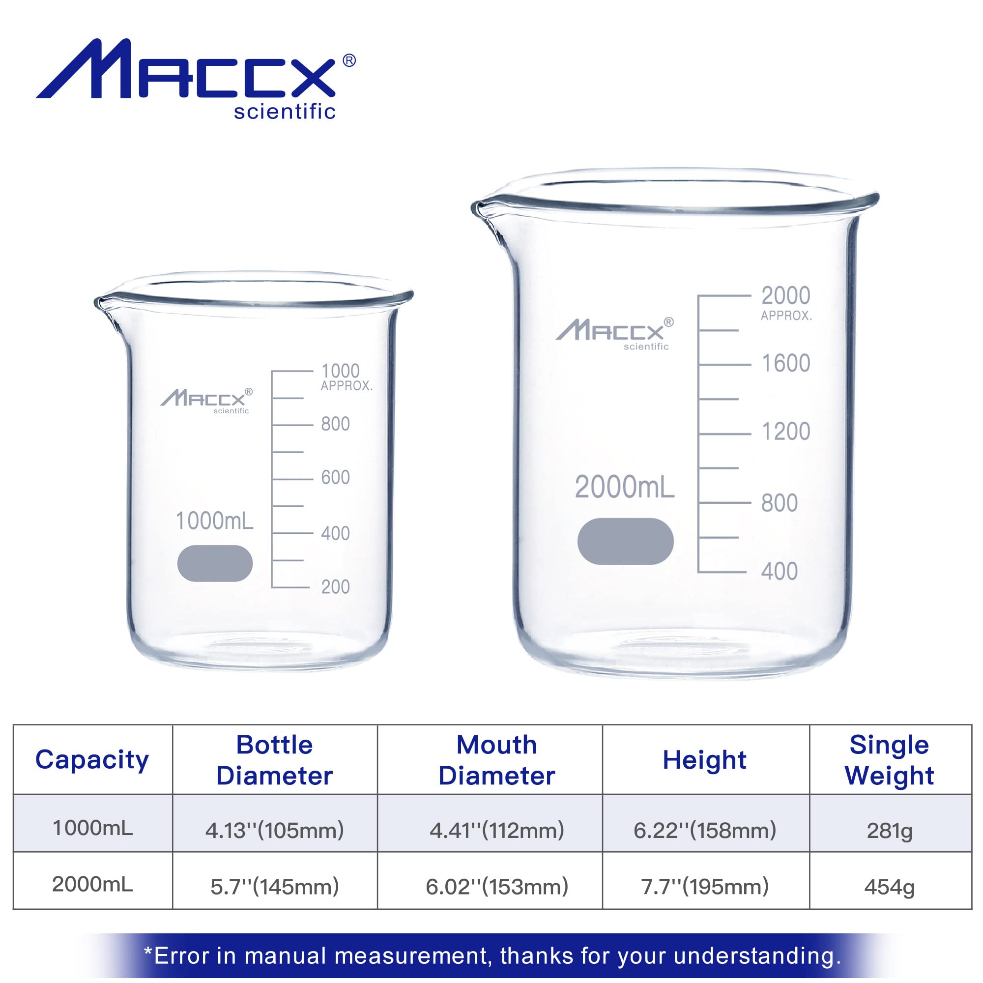 Maccx Sturdy Glass Beakers, 2 Sizes of 1000ml 2000ml,3.3 Borosilicate Griffin Low Form with Printed Graduation, BKLS06-002