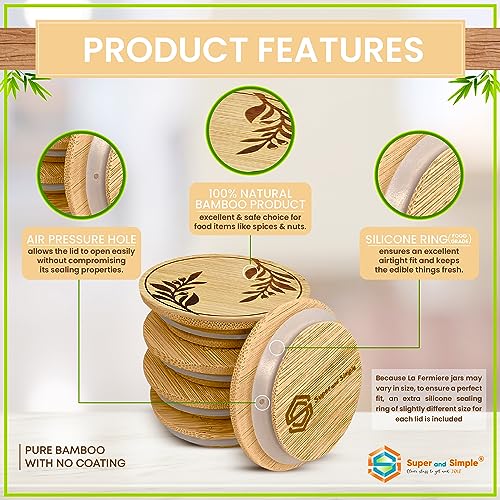 La Fermiere Yogurt Jar Tops – Olive Branches Design or Choose a Design – 4-pcs Wood Lids Set With Extra Silicone Sealing Rings - Perfectly Airtight Fit