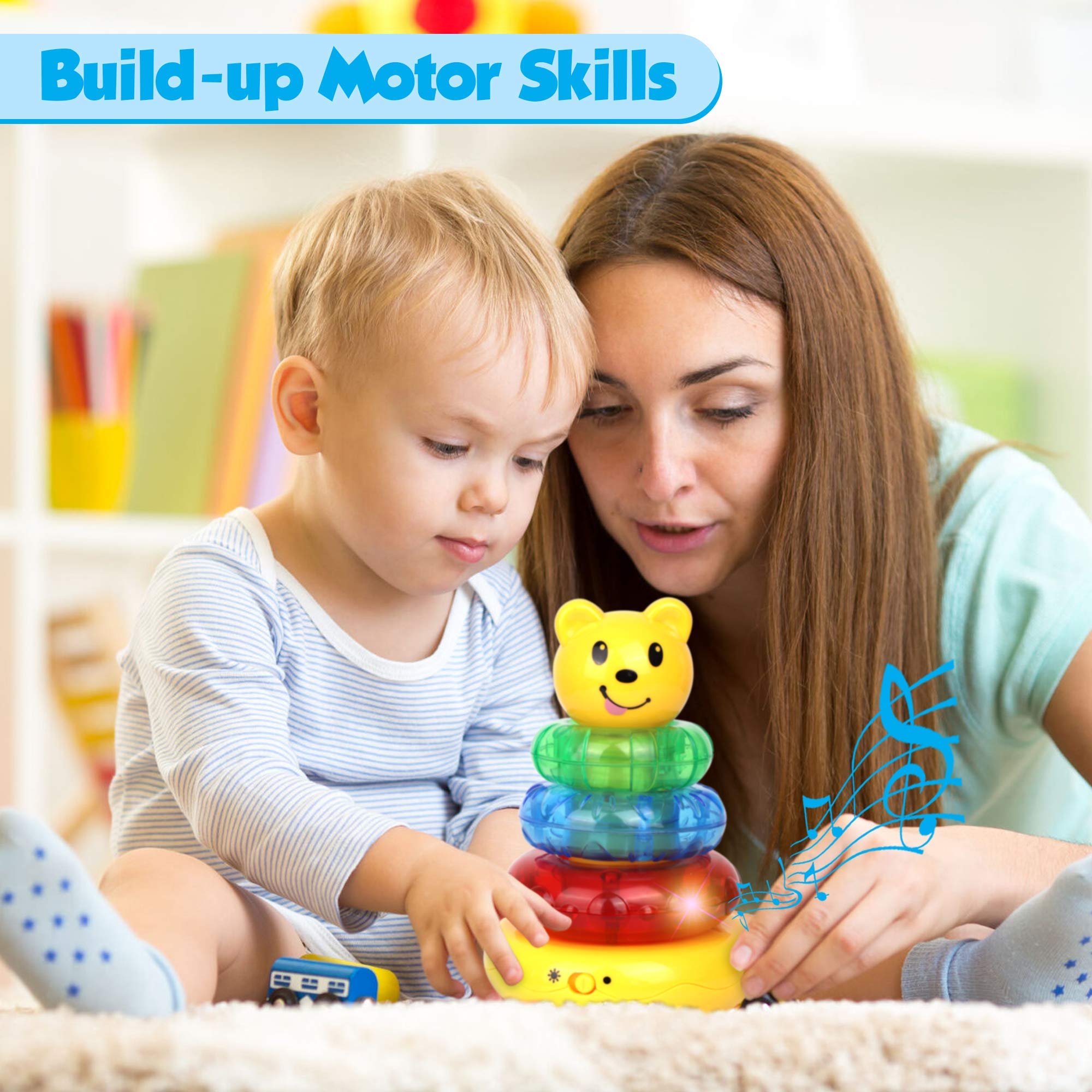 Playkidz Musical Bear Ring Stacker, Stacking Rings Toy with Lights and Sounds for Toddlers - Sensory and Educational Toy for Girls and Boys, Great Birthday Gift