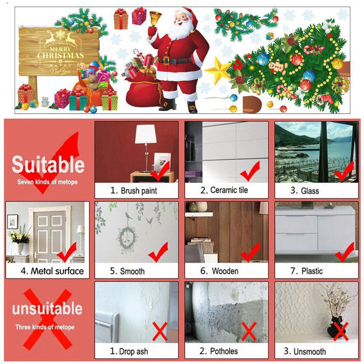 Santa Claus Christmas Tree Wall Decals Christmas New Year Peel and DIY Stickers Decoration for Home Office Nursery Decor