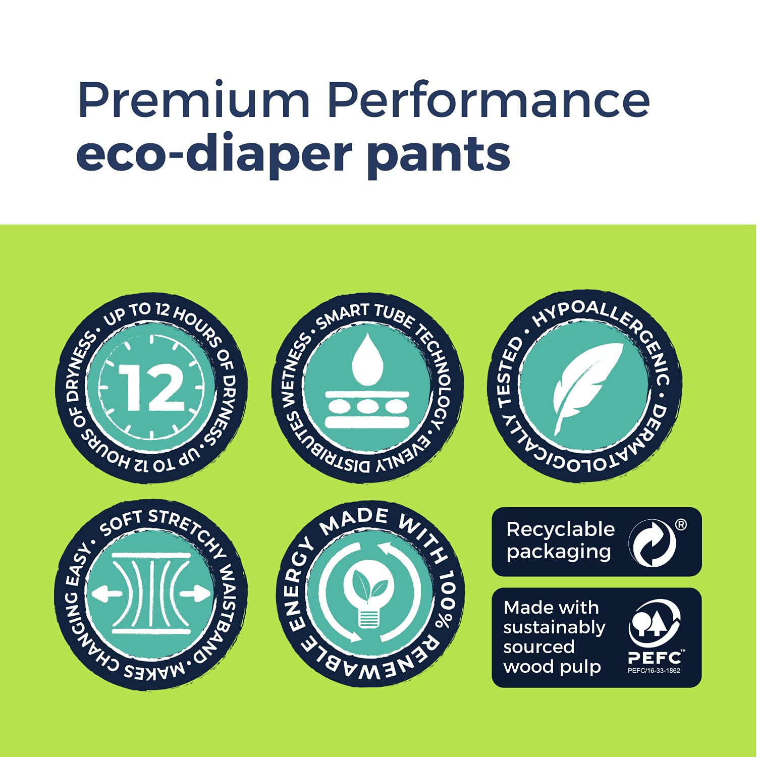 Mum & You Nappychat Premium Performance Eco Diaper Pants, Size 6 (18 diapers) Smart Tube Technology Leak Protection. 100% Recyclable. Hypoallergenic, Dermatologically-Tested. No Lotion, Perfume or Dye