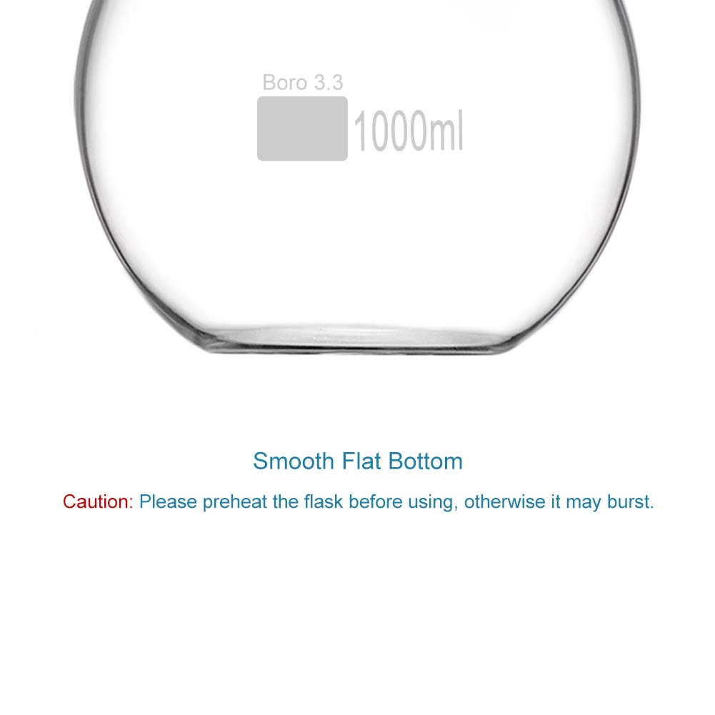 StonyLab Glass 1000ml Long Neck Flat Bottom Flask, Borosilicate Glass Heavy Wall Flat Bottom Boiling Flask with Long Neck, 1000ml (1 Liter)
