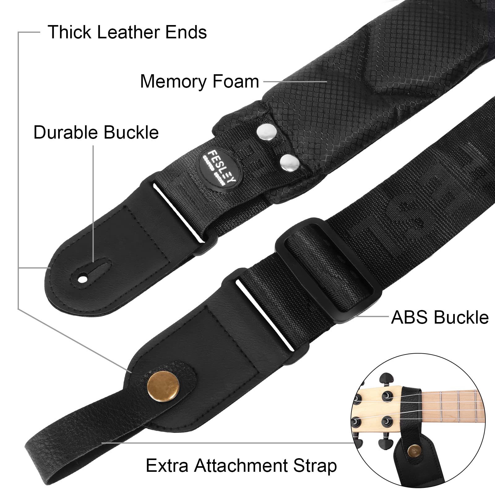 Acoustic Guitar Strap, Fesley Adjustable Guitar Strap for Bass & Electric Guitar, Bionic Leather Acoustic Guitar Strap with 2.8” Wide Memory Foam Pad, Adjustable Length from 43” to 54”, Black
