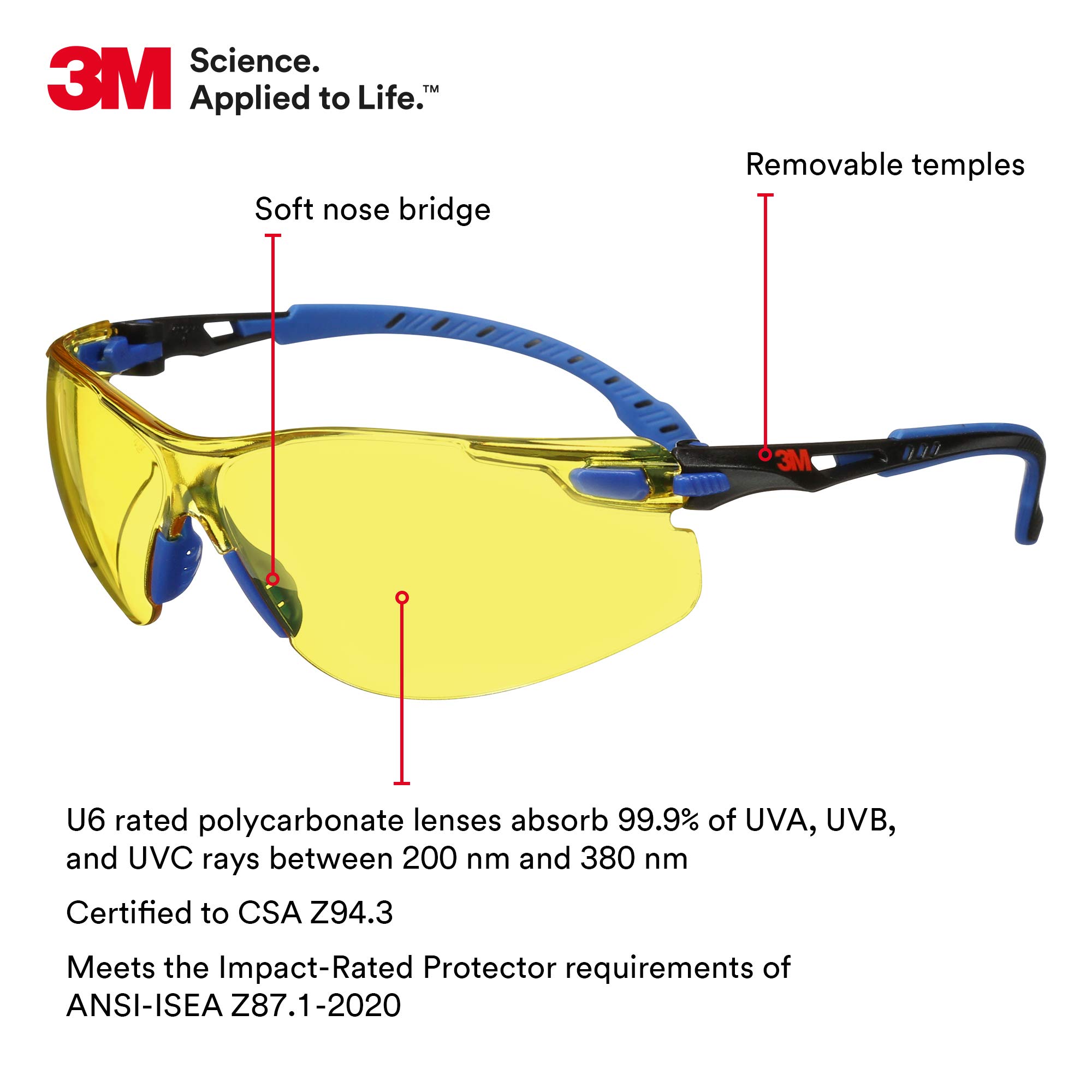 3M Safety Glasses Solus 1000 Series ANSI Z87 Scotchgard Anti-Fog Amber Lens Blue/Black Frame