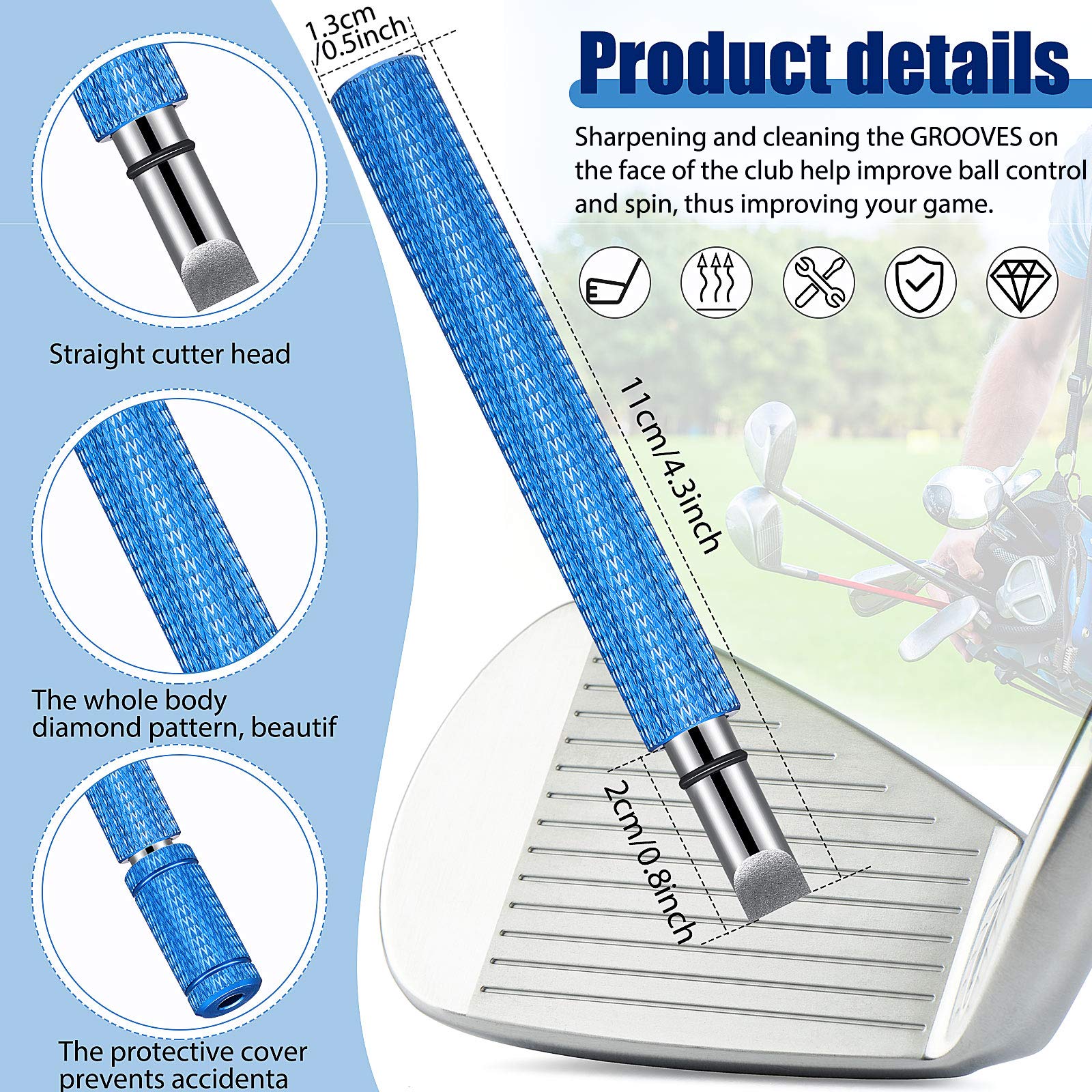 3 Pieces Golf Club Groove Sharpener Retractable Golf Brush and 6-Head Groove Sharpener Re-Grooving Tool and Cleaner for All Golf Irons Pitching, Sand, Lob, Approach Wedges, Utility Clubs (Blue)
