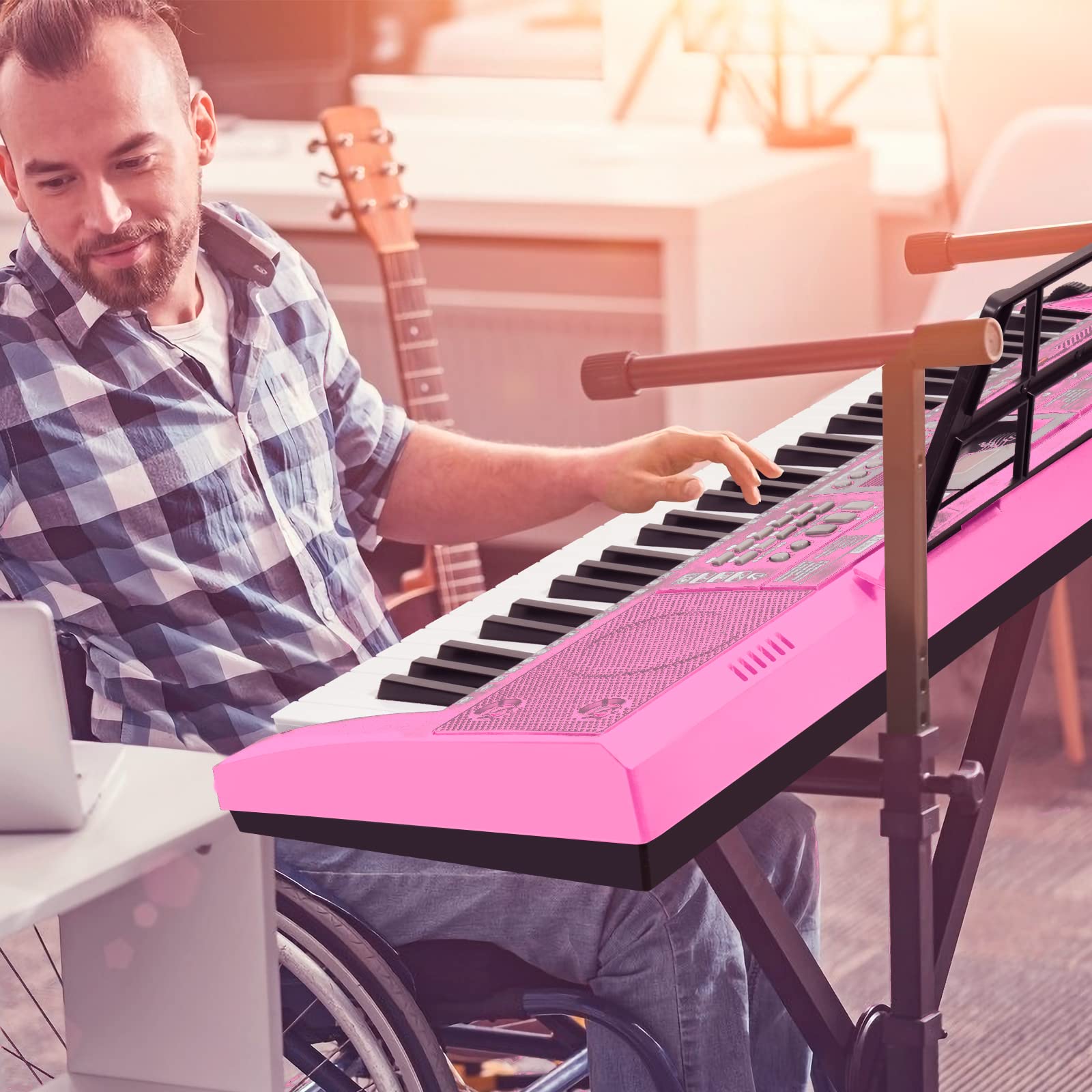 24HOCL 61 Key Premium Electric Keyboard Piano for Beginners with Stand, Built-in Dual Speakers, Microphone, Headphone, Stand & Display Panel (Pink)