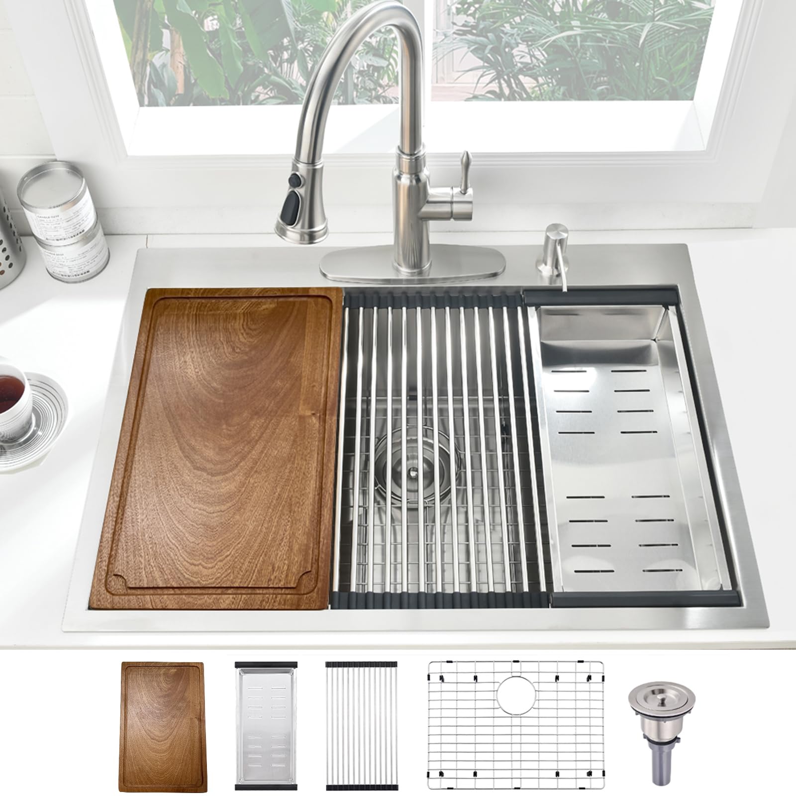 33-inch Drop in Kitchen Sink Workstation, BoomHoze 33x19 Topmount Drop-in Kitchen Sink 16 Gauge Stainless Steel Kitchen Sink Handmade Single Bowl Deep Kitchen Sink with Cutting Board