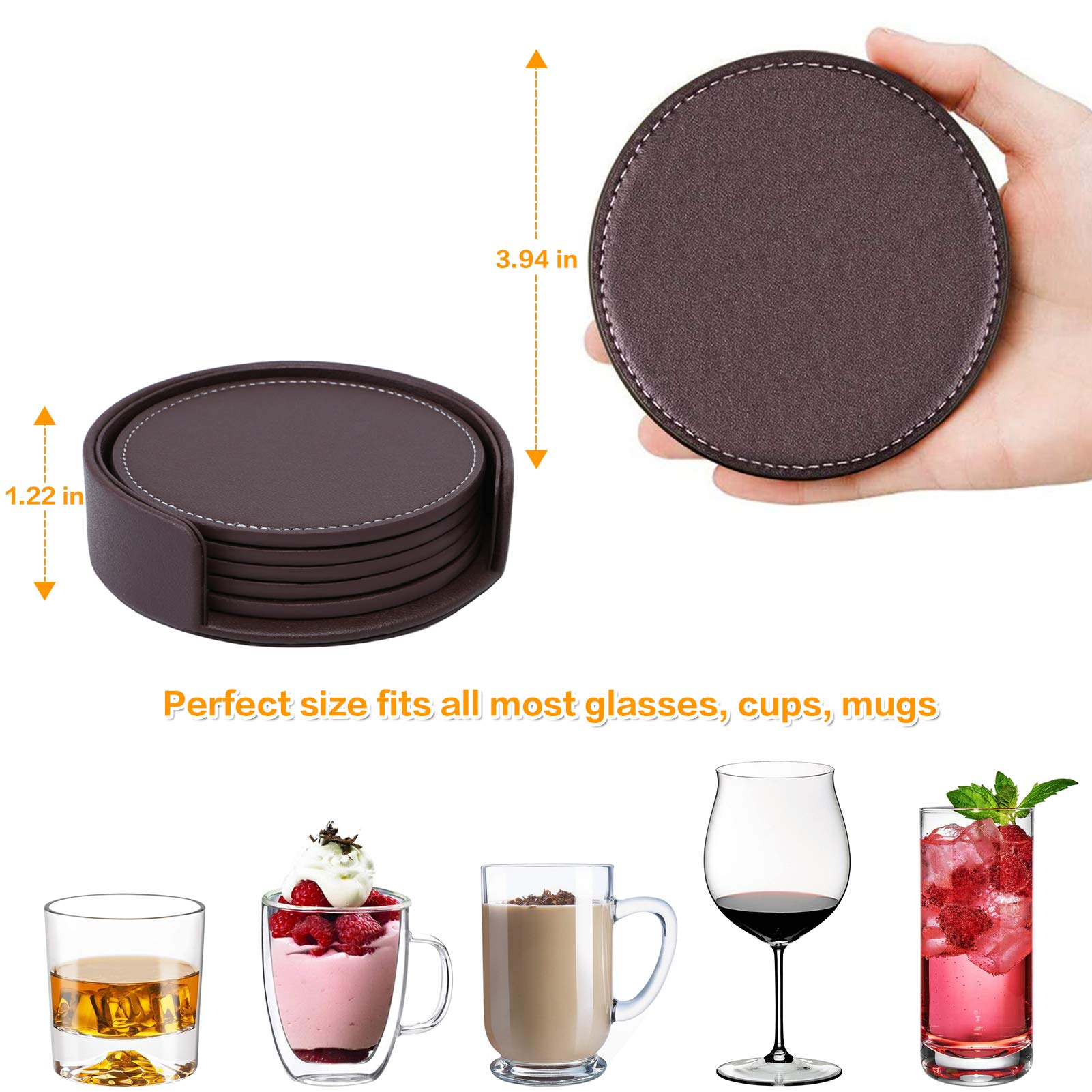 365park Coasters,PU Leather Coasters for Drinks Set of 6 with Holder-Coffee Drink Coasters for Home/Office/Kitchen/Bar, Protect Your Furniture from Stains