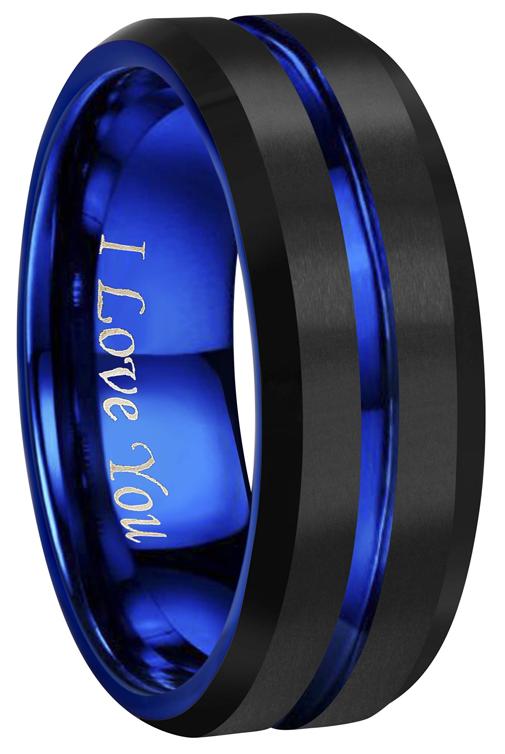 4mm 6mm 8mm 10mm Blue Groove Black Matte Finish Tungsten Carbide Wedding Band Ring Engraved I Love You (8mm,11)