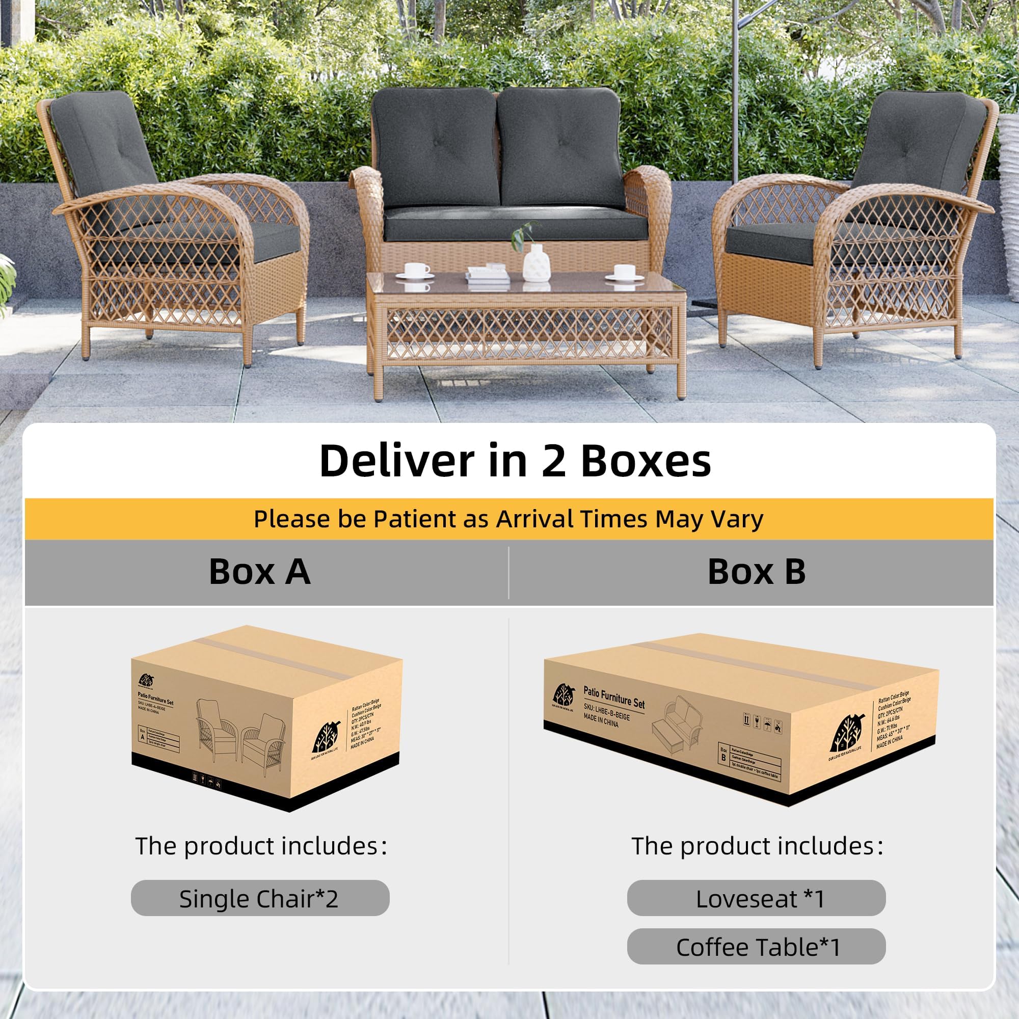 UPHA Patio Outdoor Furniture Set, Beige PE Rattan Patio Conversation Sets, 4 Pieces Wicker Patio Set with Loveseat, 2 Chairs, Coffee Table and Cushions for Backyard, Porch,Darkgrey