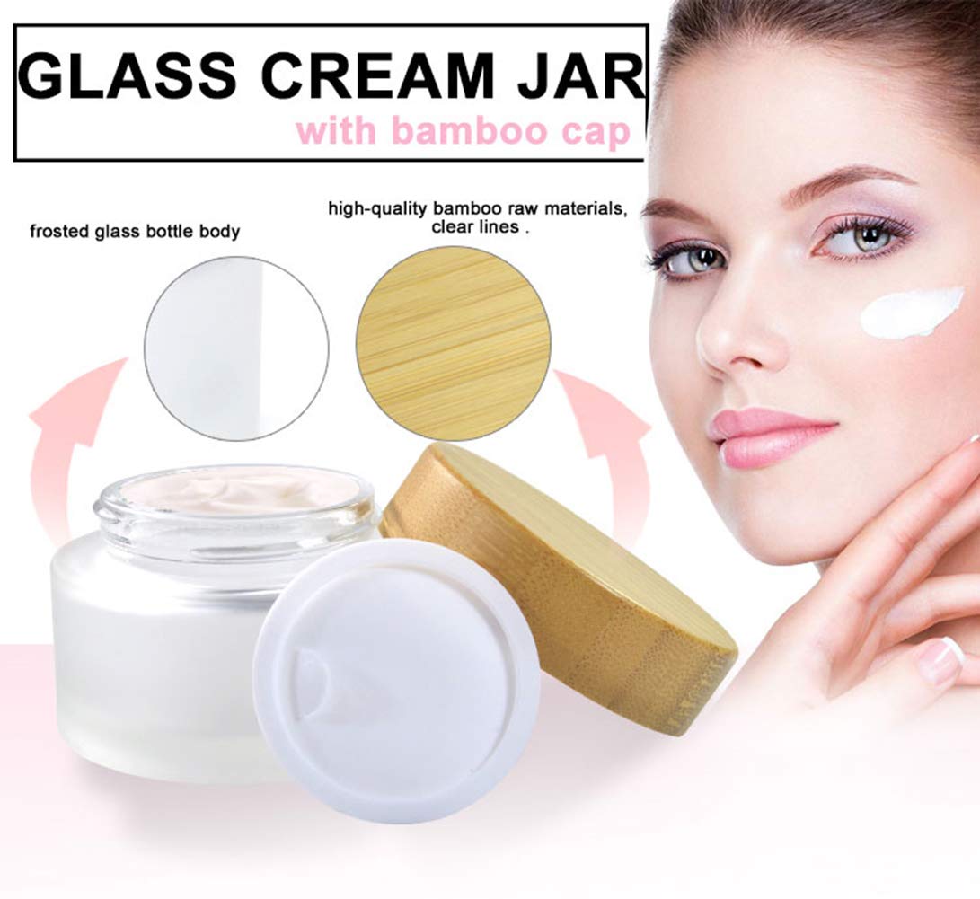 Frosted Glass Cream Jars,2 Pack 100ml/3.4oz,Natural Bamboo lids Empty Refillable Cosmetic Container Bottles Glass Cosmetic Sample Jars with lids for Face Cream Make Up Eye Shadow Travel