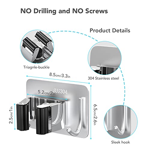 HOMEASY Mop Broom Holder No Drill SUS304 Stainless Steel, Mop Broom Organizer Wall Mounted Heavy Duty with Hooks Hanger, Self Adhesive Stainless Steel 4Pcs for Bathroom, Kitchen, Office