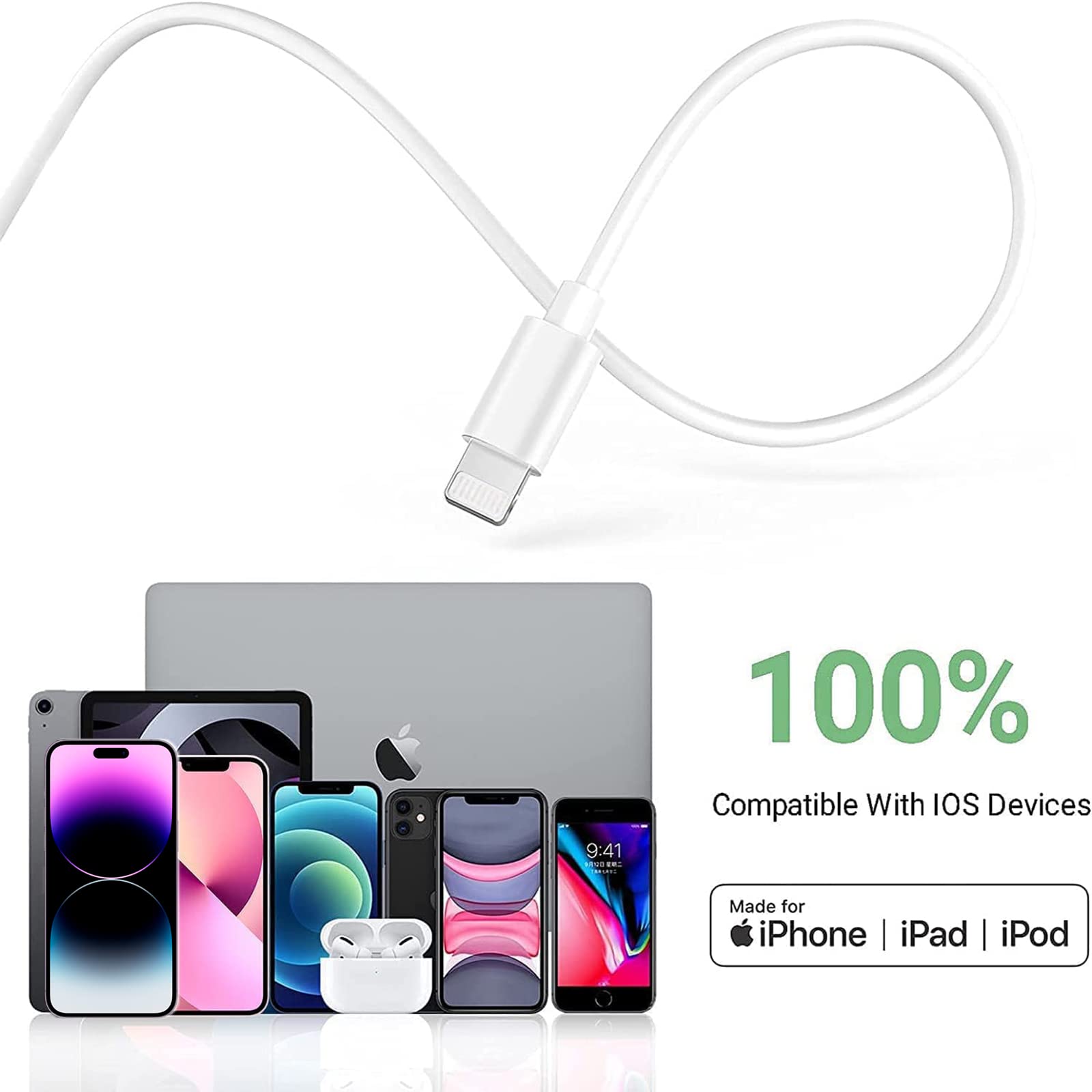 Marchpower iPhone 14 Charger Cord-3Pack 3ft 6ft 10ft MFi Certified Lightning Cable USB-A Fast Charging Cable Compatible with iPhone 13 12 11 Mini Pro Max SE X XS XR 8 7 6 Plus iPod iPad AirPods, White