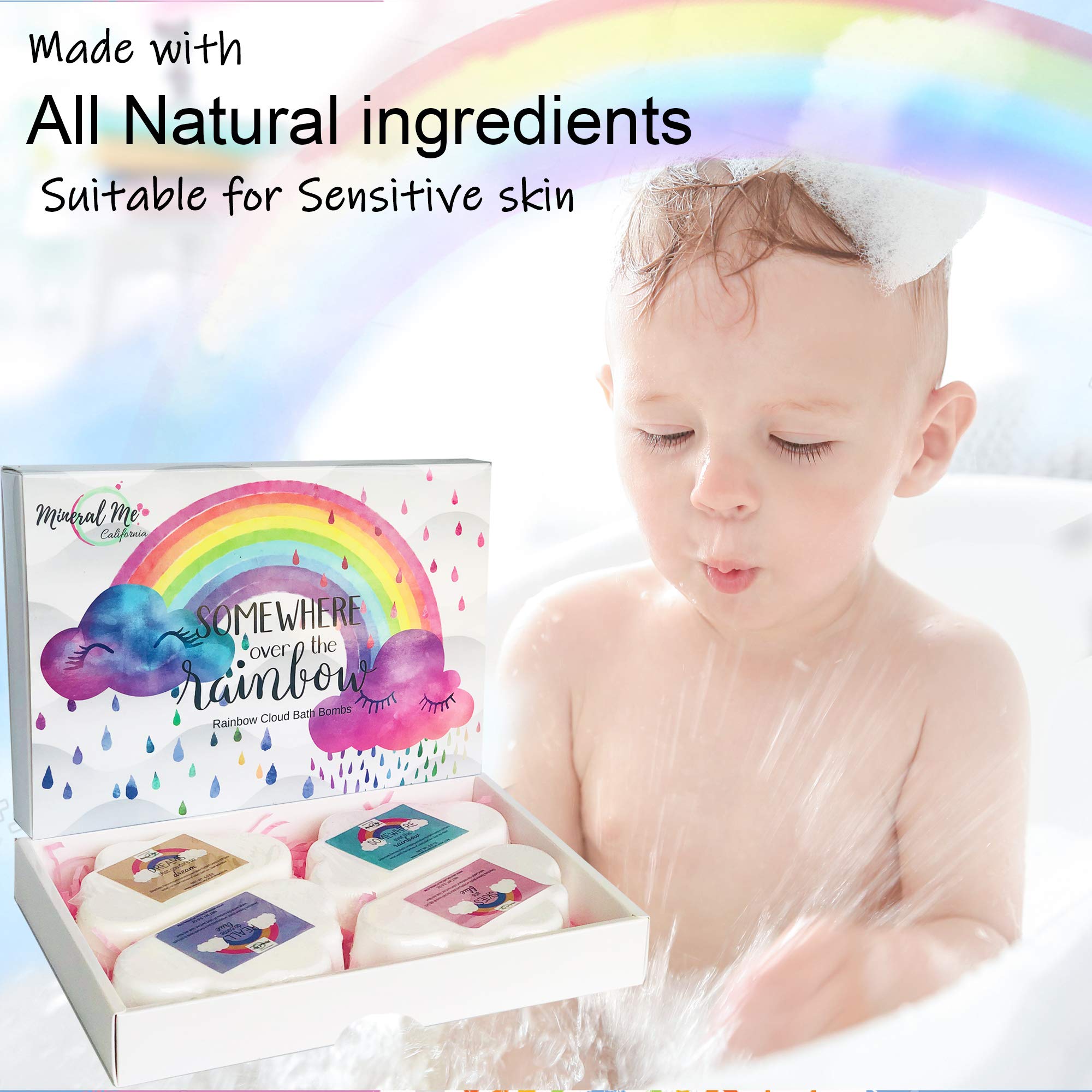 Rainbow Bath Bombs for Kids- Natural and Organic Bubble Bath Bombs w/Moisturizing Shea Butter and Natural Oils, 4 Large Unicorn Cloud Bath Bombs for Girls, Boys, Women, Valentines Day Gift for Her