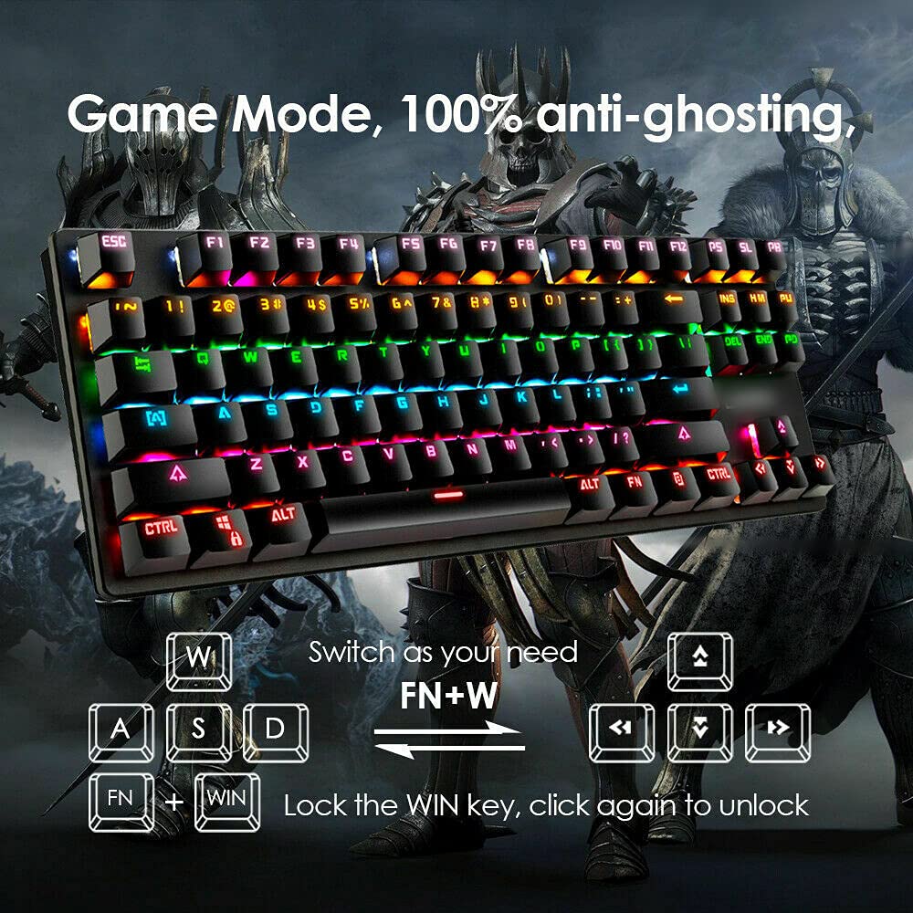 Wired Gaming Keyboard and Sets 87 Keys Rainbow Backlit Mechanical Keyboard ,RGB Backlit 6400 DPI Lightweight Gaming Mouse, Mouse Pad (Black)