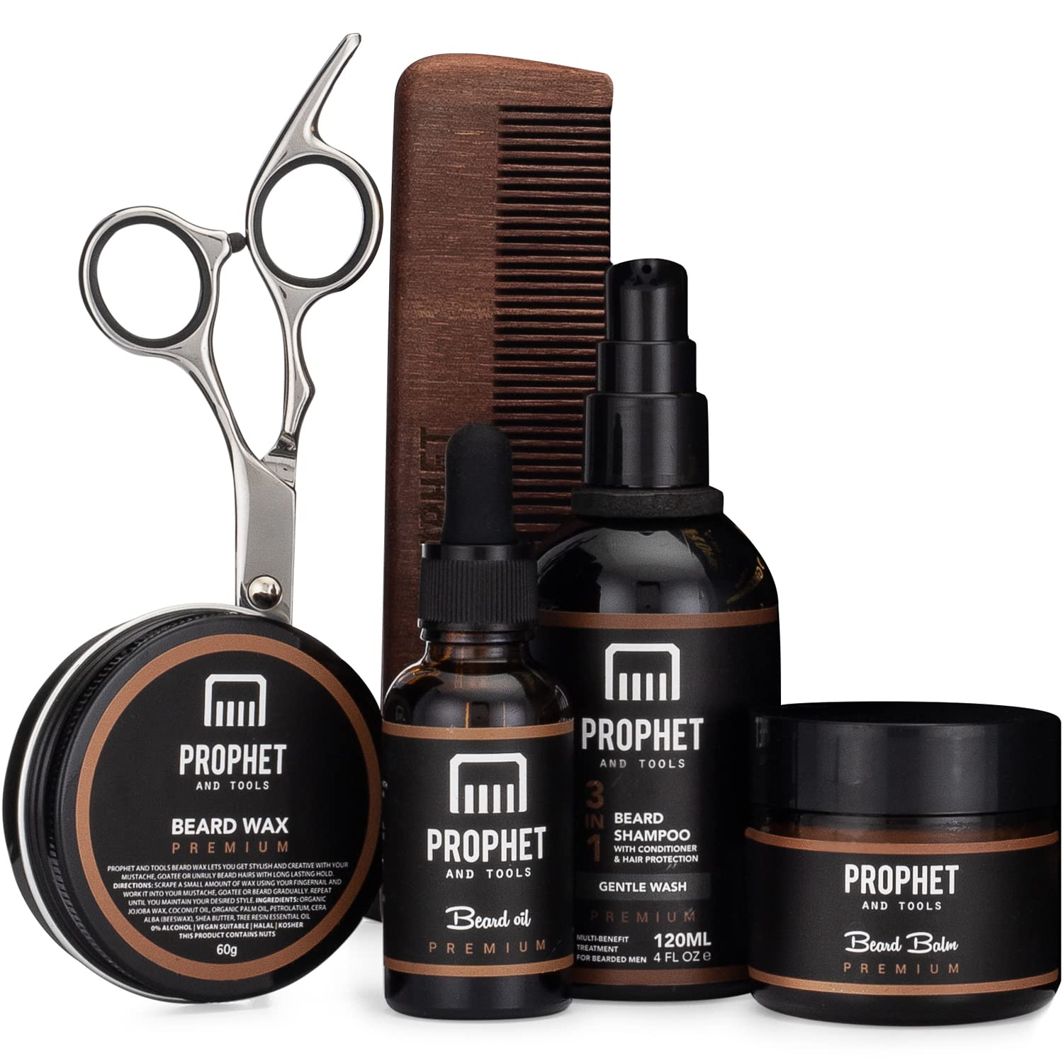 6 Pieces Mens’ Beard Grooming Kit - Includes Beard Oil, Balm, Wax, Shampoo, Comb and Scissors - Personal Barber in Your Bathroom - Grow Fuller, Moisturize & Style - Perfect as a Gift