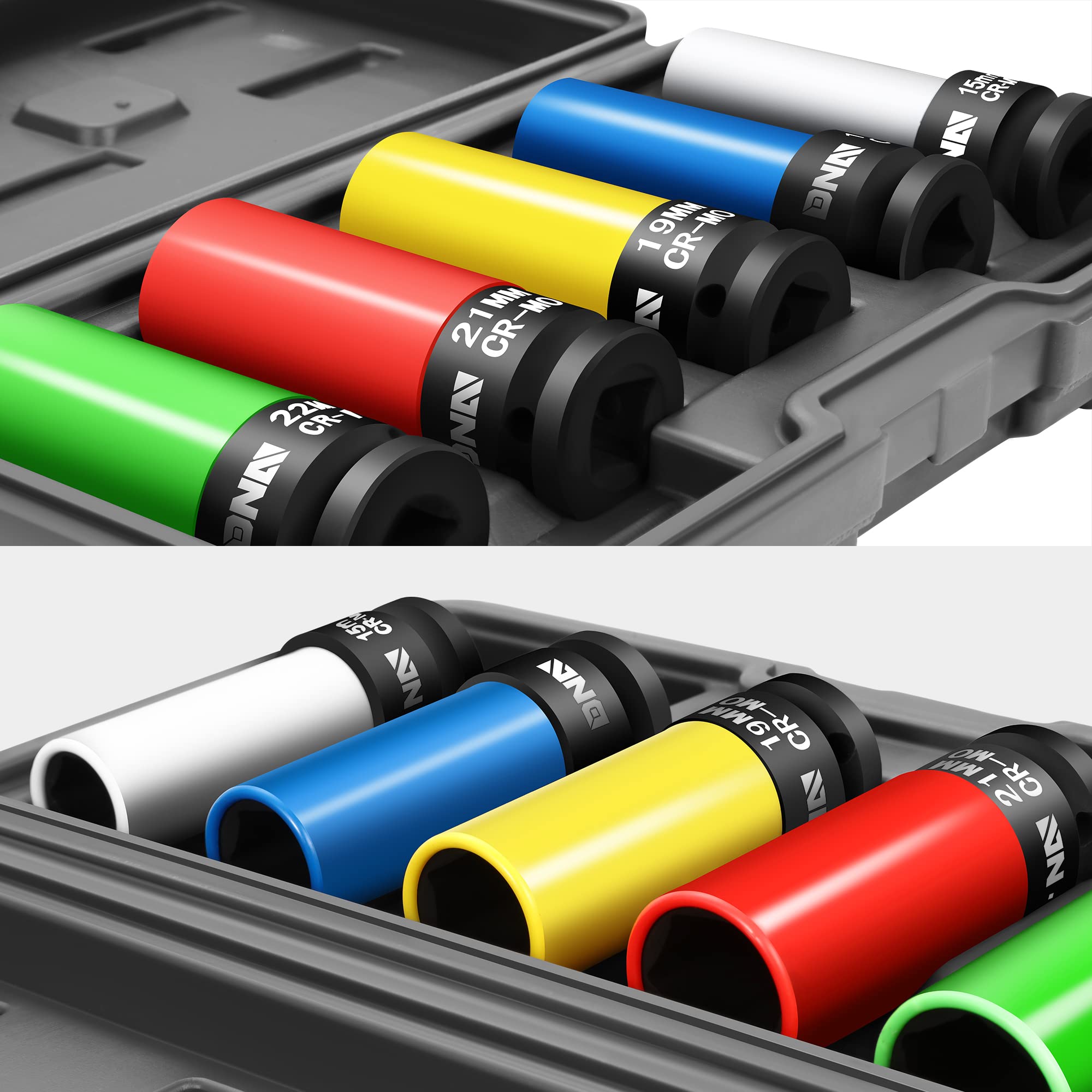 DNA MOTORING TOOLS-00156 5-Pieces 1/2-Inch Drive Wheel Protector Impact Deep Socket Set - 15mm 17mm 19mm 21mm 22mm, Cr-V, White,blue,red,yellow,green