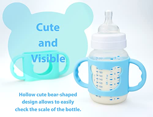 Baby Bottle Handles, Durable Food Grade Silicone Transitional Sippy Cup Handle Grip for Wide-Neck Baby Bottles, Cute Bear Design, Pack of 2, Blue & Turquoise