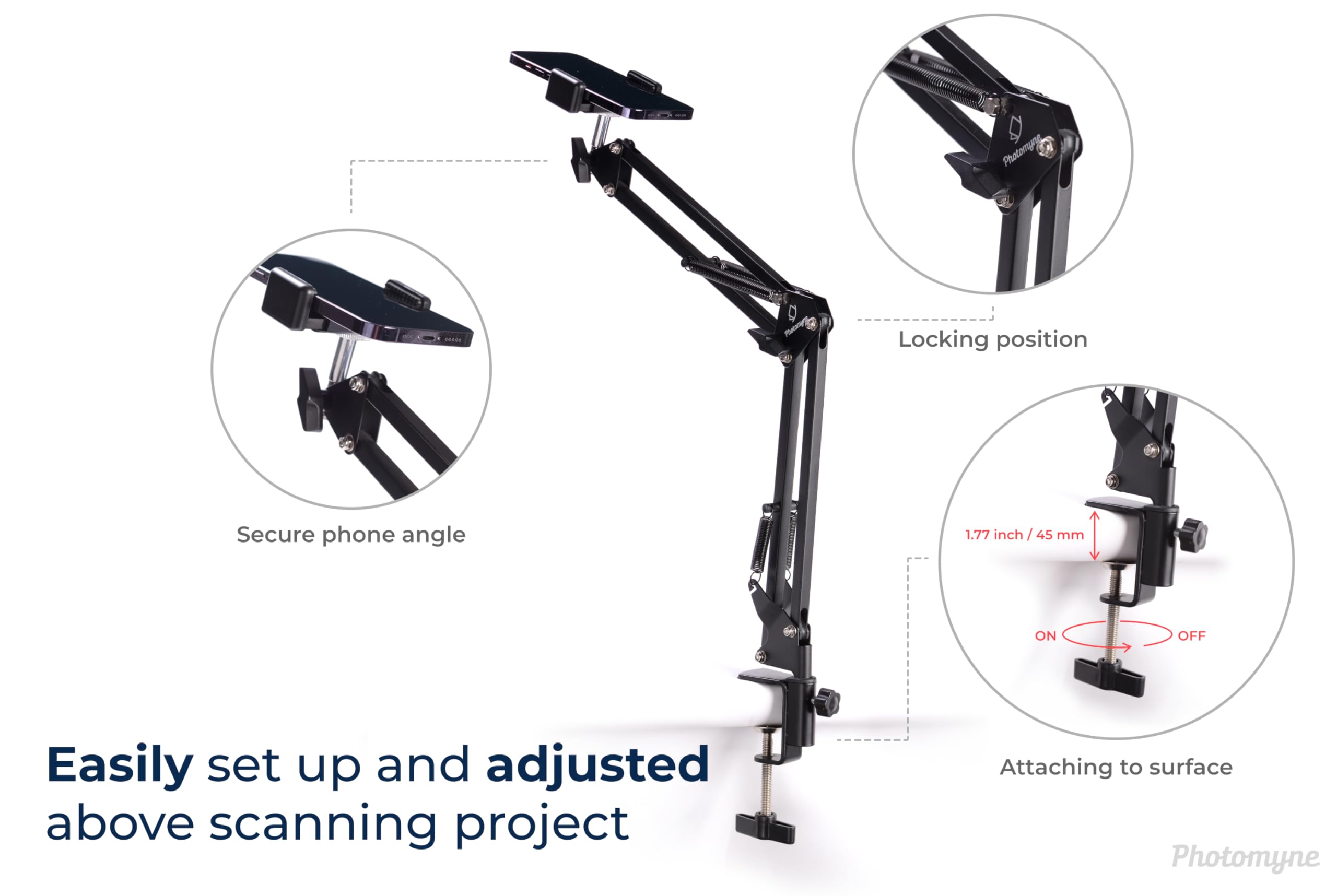 PHOTOMYNE Sturdy Flexible Phone Holder for Desk, Table, Office, Kitchen with Clamp for Photo Album Scanning, iPhone Holder for Desk- Black