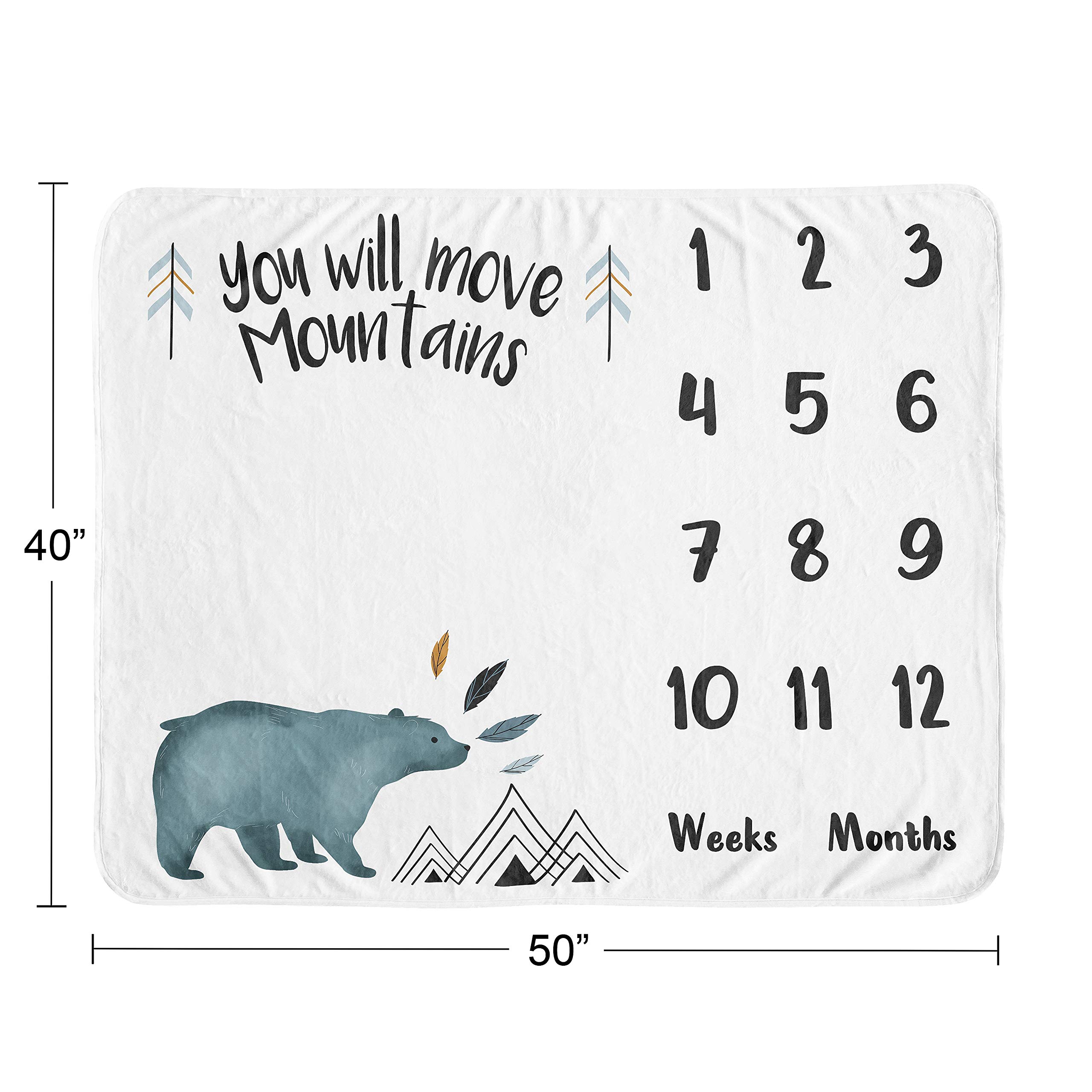 Sweet Jojo Designs Bear Mountain Boy Milestone Blanket Monthly Newborn First Year Growth Mat Baby Shower Memory Keepsake Gift Picture - Slate Blue and Black Woodland Forest You Will Move Mountains