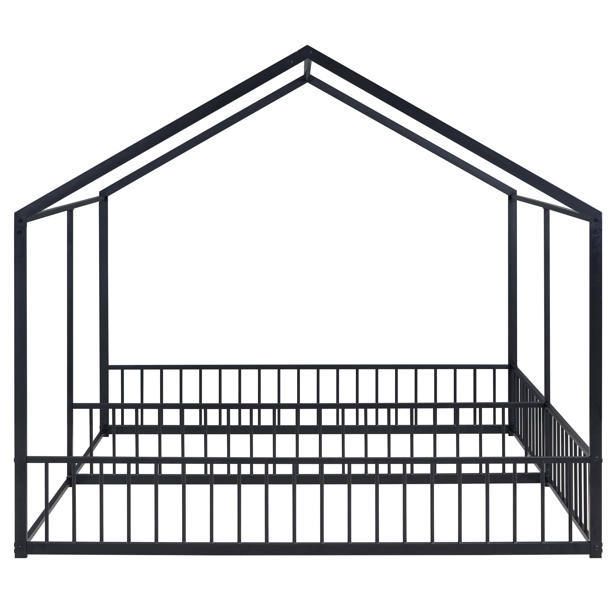 Double Floor Bed for Twins,Twin Size House Bed for 2 Kids,Two Shared Beds,Twin House Platform Beds,Metal Floor Bed Frame with Rails for Girls,Boys(Black)