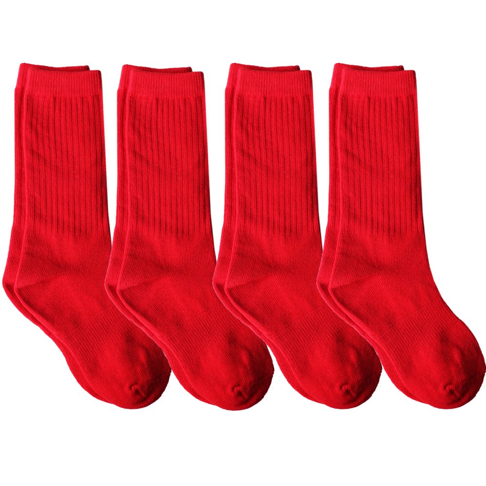 juDanzy 4 Pack of Mid-Calf Ribbed Socks with arch support for School Uniform, Sports, AFO etc. (Youth Large (shoe size 5-8), Red)