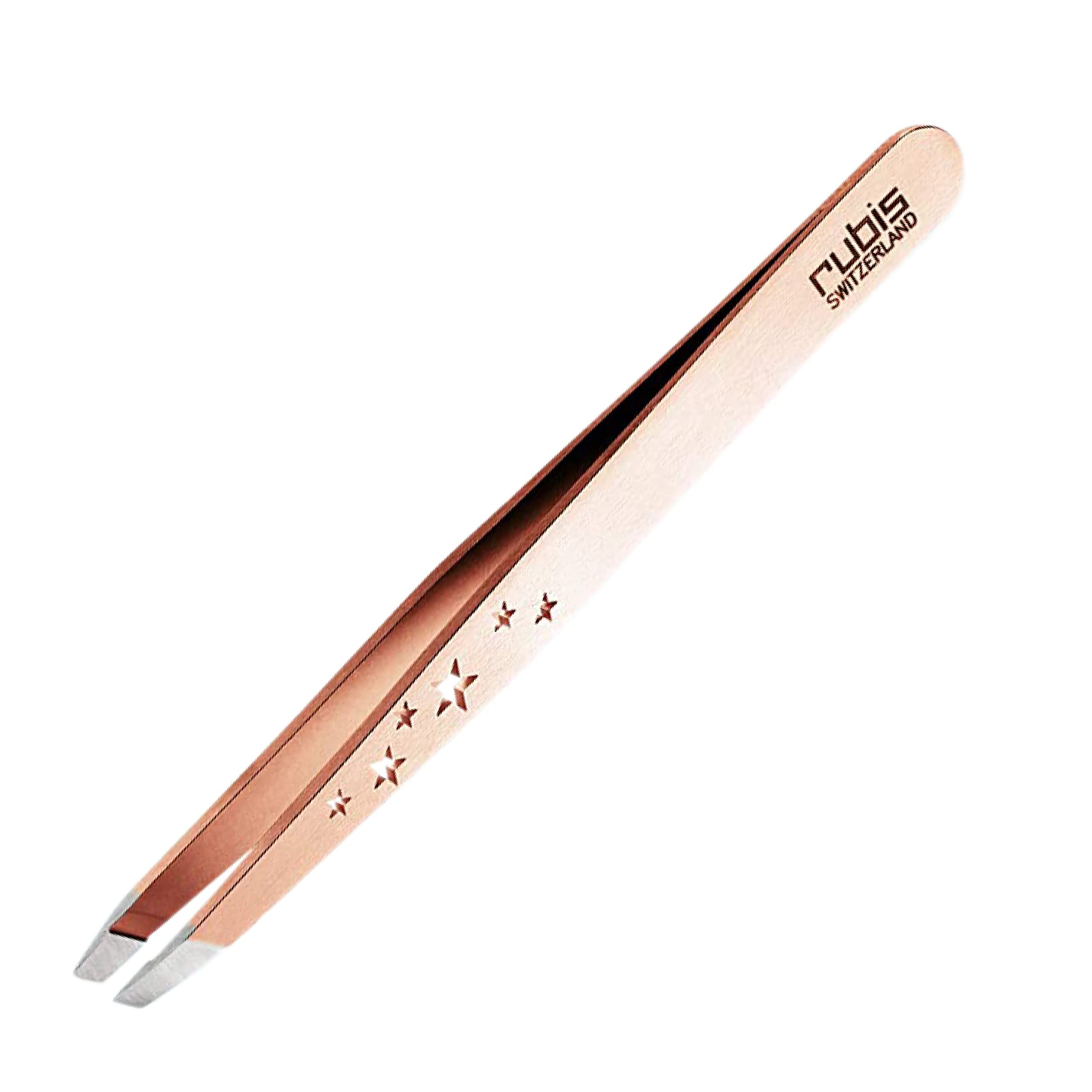 Rubis Classic 6-Star Stainless Steel Slanted Tweezers for Precise Eyebrows and Hair Removal, 1K103CTRED, Red Gold, The Gold Collection,Rubis Switzerland Swiss Made World Renowned Precision