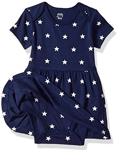 Amazon Essentials Baby Girls' Short-Sleeve Dress, Pack of 3, Navy Stars/Red Stripe/White Stars, 0-3 Months