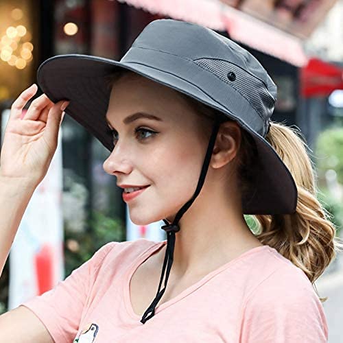 3 Pieces Women's Outdoor Ponytail Safari Sun Hat Foldable Mesh Wide Brim Beach Fishing Hat (Pink & Purple & Grey)