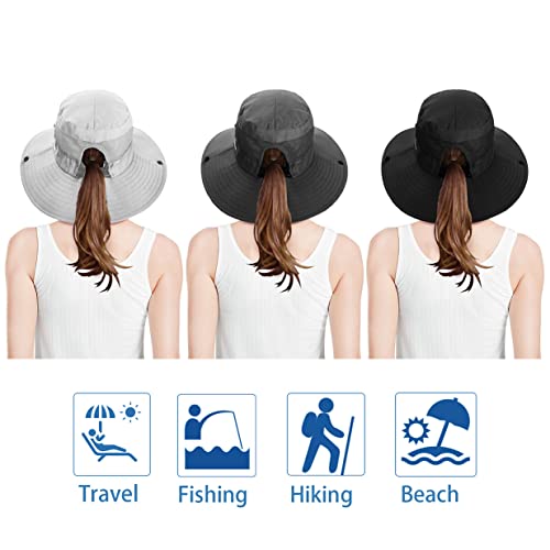 3 Pieces Womens Ponytail Wide Brim Sun Hat Packable UV Protection Beach Cap for Fishing & Hiking(Black&Gray&Pure Beige)